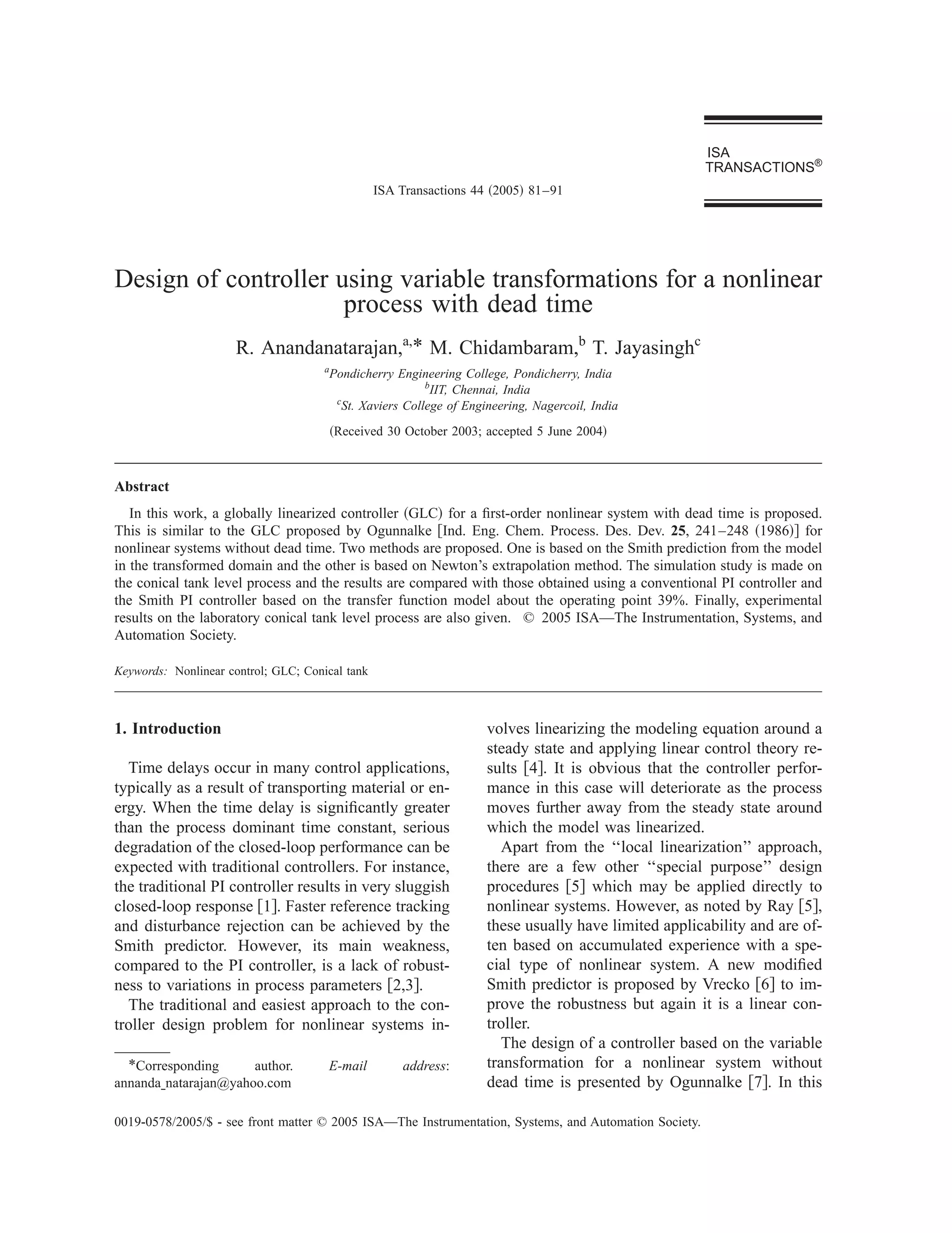 Design Of Controller Using Variable Transformations For A Nonlinear