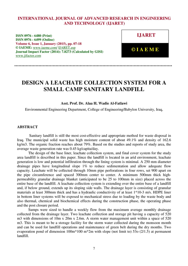 DESIGN A LEACHATE COLLECTION SYSTEM FOR A SMALL CAMP SANITARY LANDFILL ...
