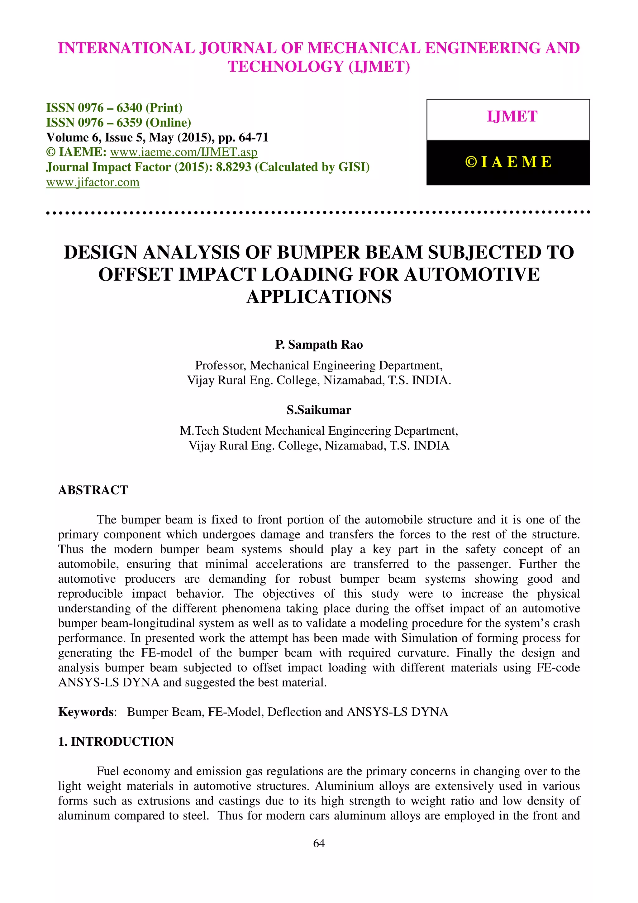 Design analysis of bumper beam subjected to offset impact loading for ...