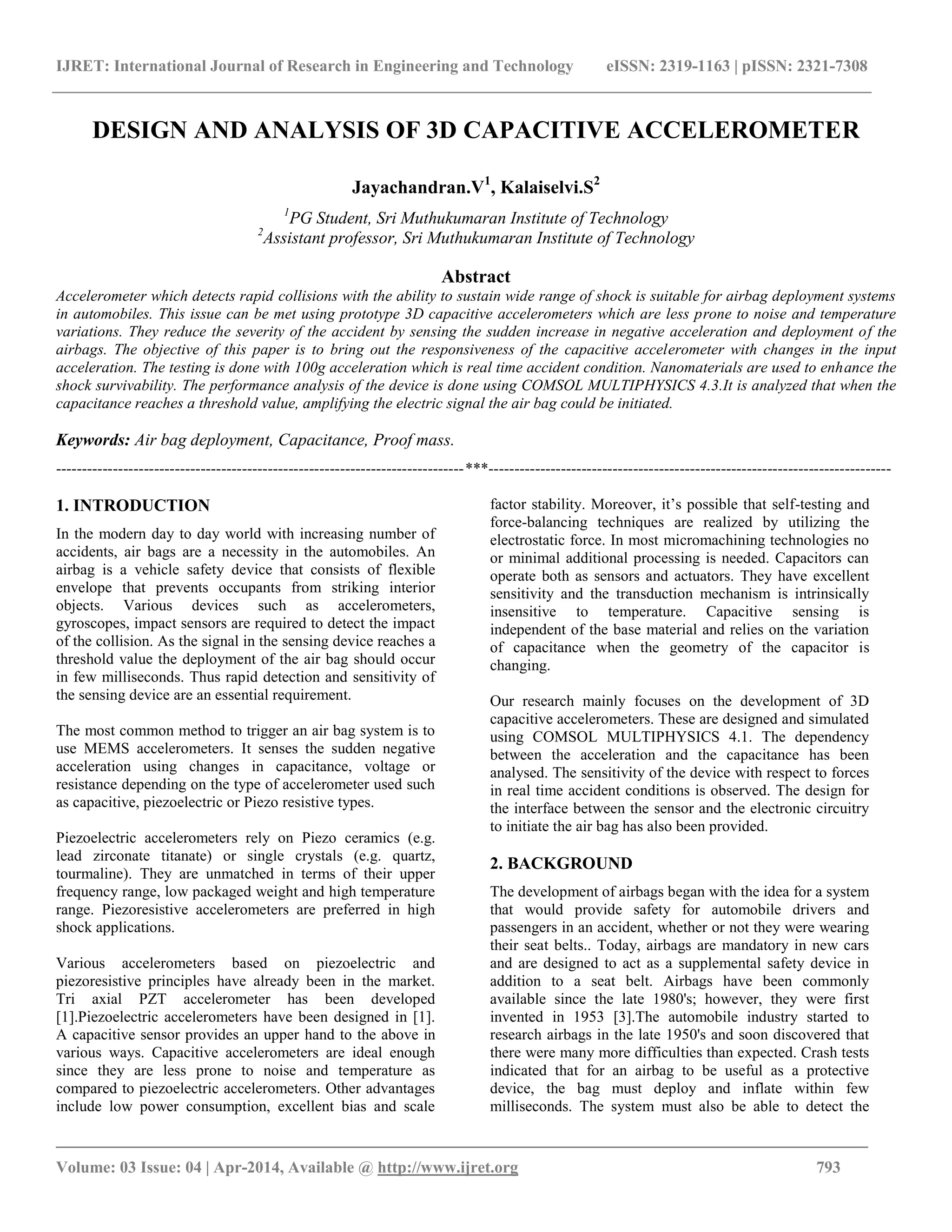 Design and analysis of 3 d capacitive accelerometer | PDF