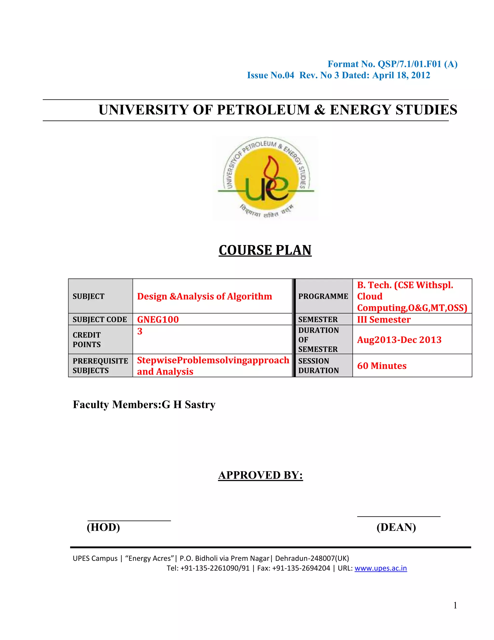 Design and analysis of algorithms course plan | DOCX