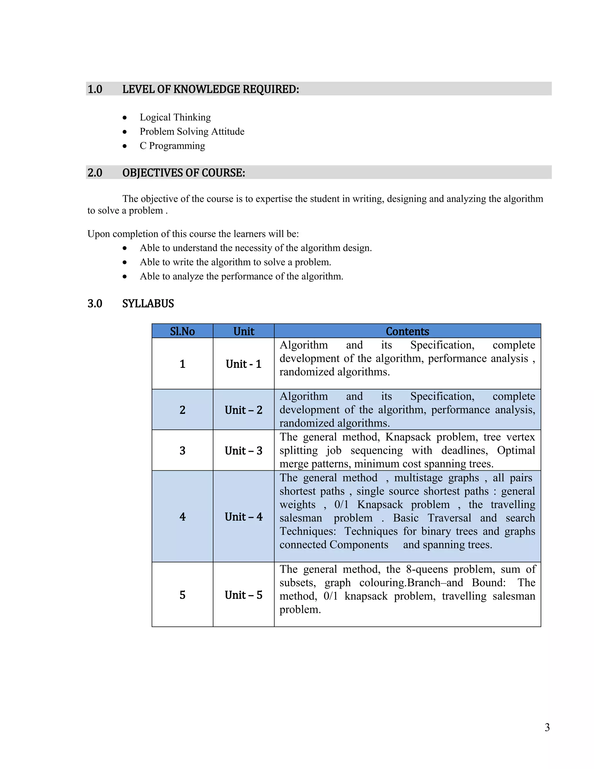 Design and analysis of algorithms course plan | DOCX