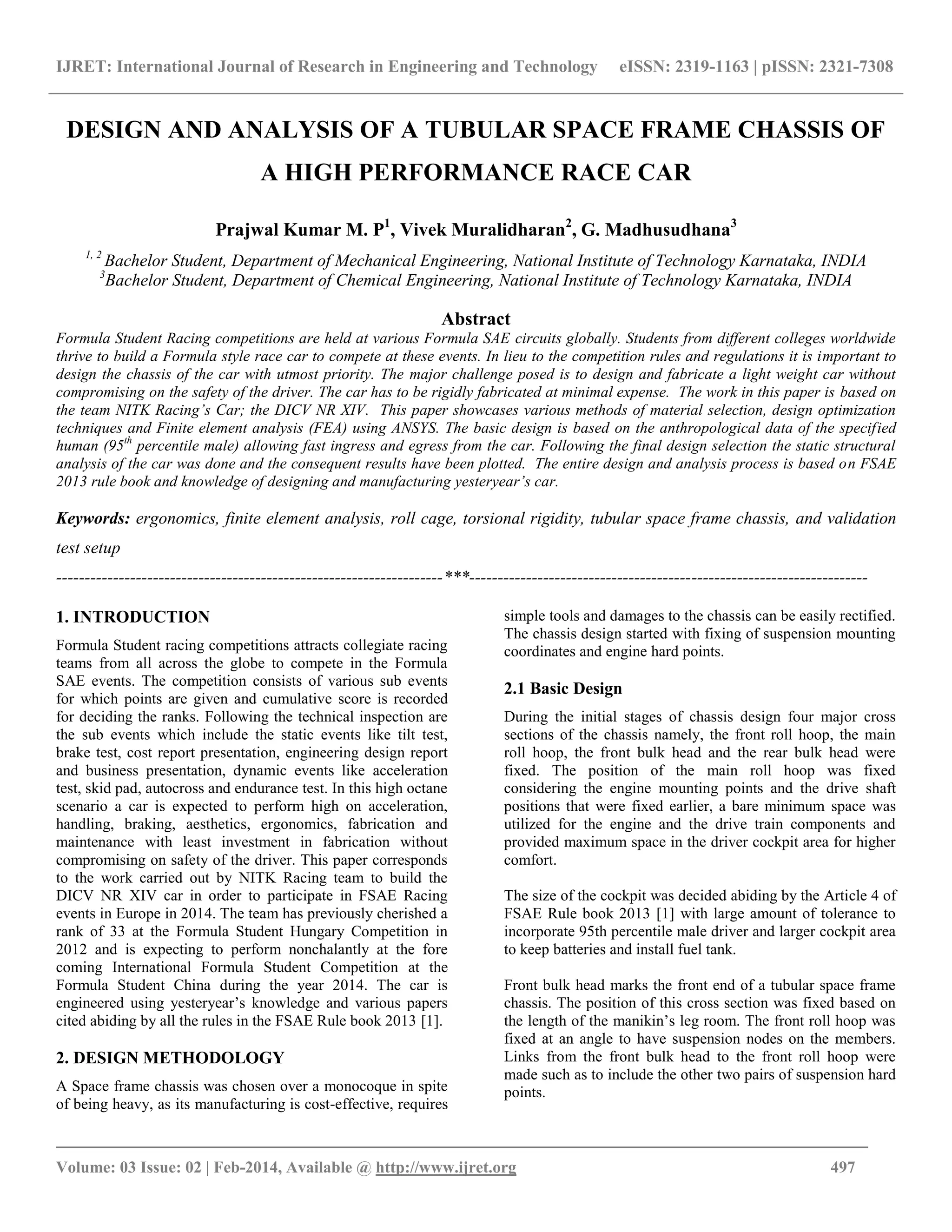 Design and analysis of a tubular space frame chassis of a high performance race car | PDF