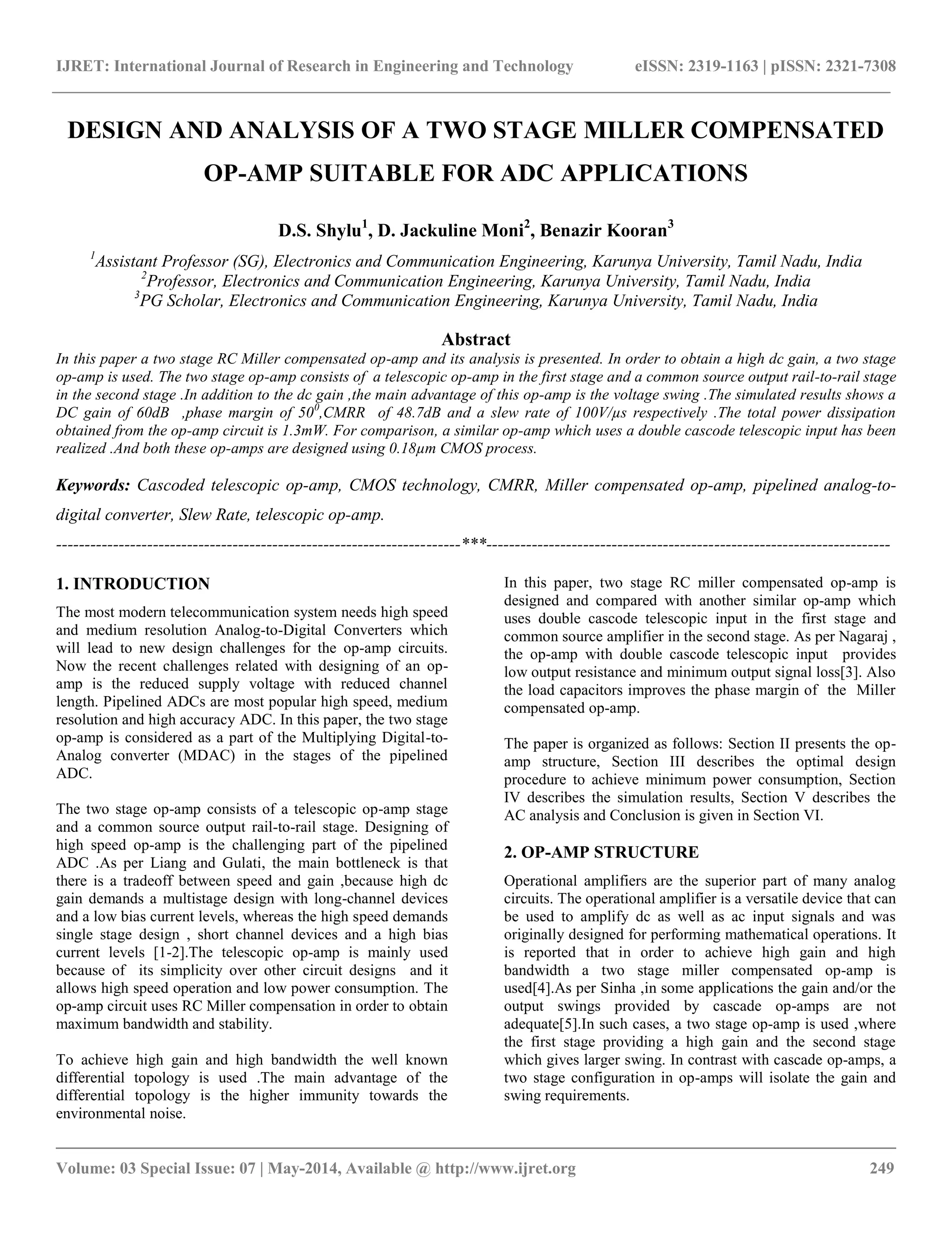 Design and analysis of a two stage miller compensated | PDF