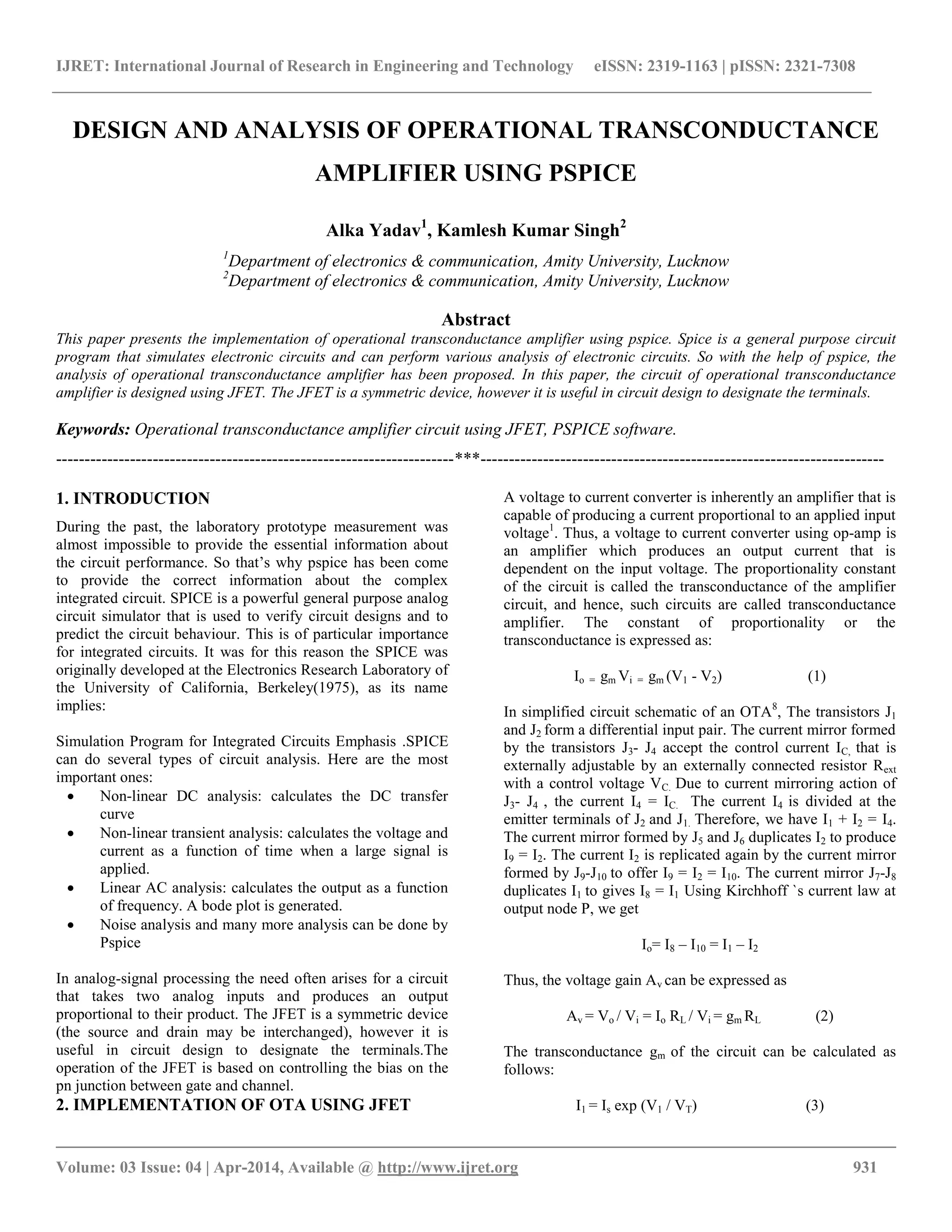 Design and analysis of operational transconductance amplifier using pspice | PDF