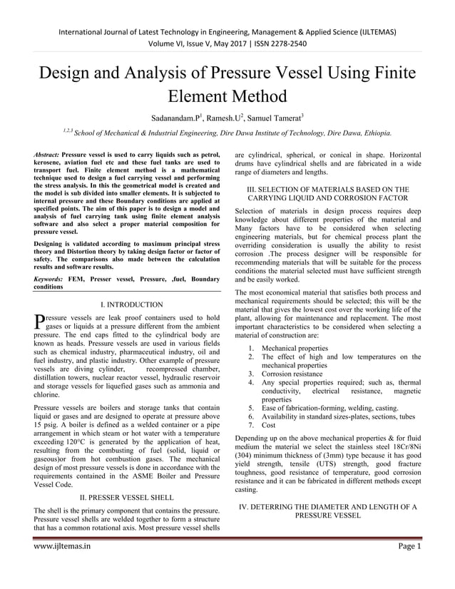 Design and Analysis of Pressure Vessel Using Finite Element Method | PDF