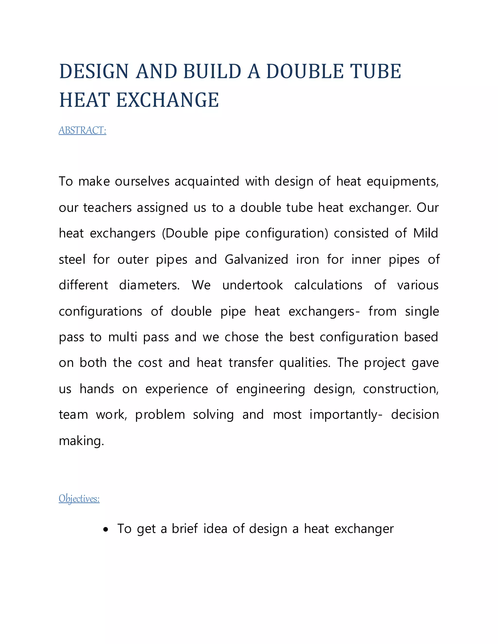 DESIGN AND BUILD A DOUBLE TUBE HEAT EXCHANGE | DOCX
