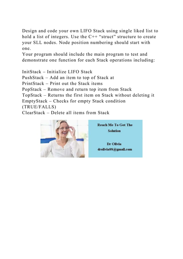 Design and code your own LIFO Stack using single liked list to hold .docx | Free Download