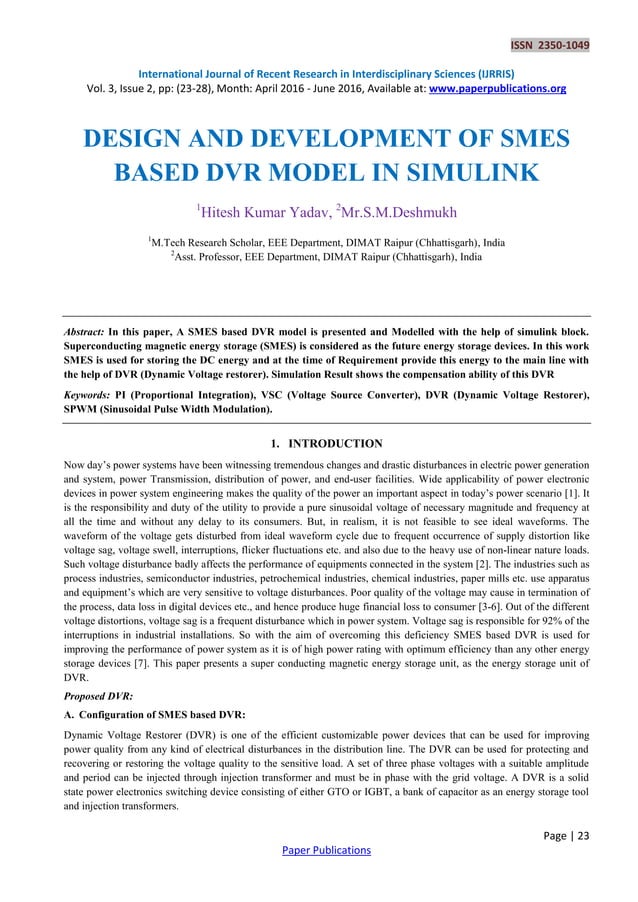 DESIGN AND DEVELOPMENT OF SMES BASED DVR MODEL IN SIMULINK | PDF