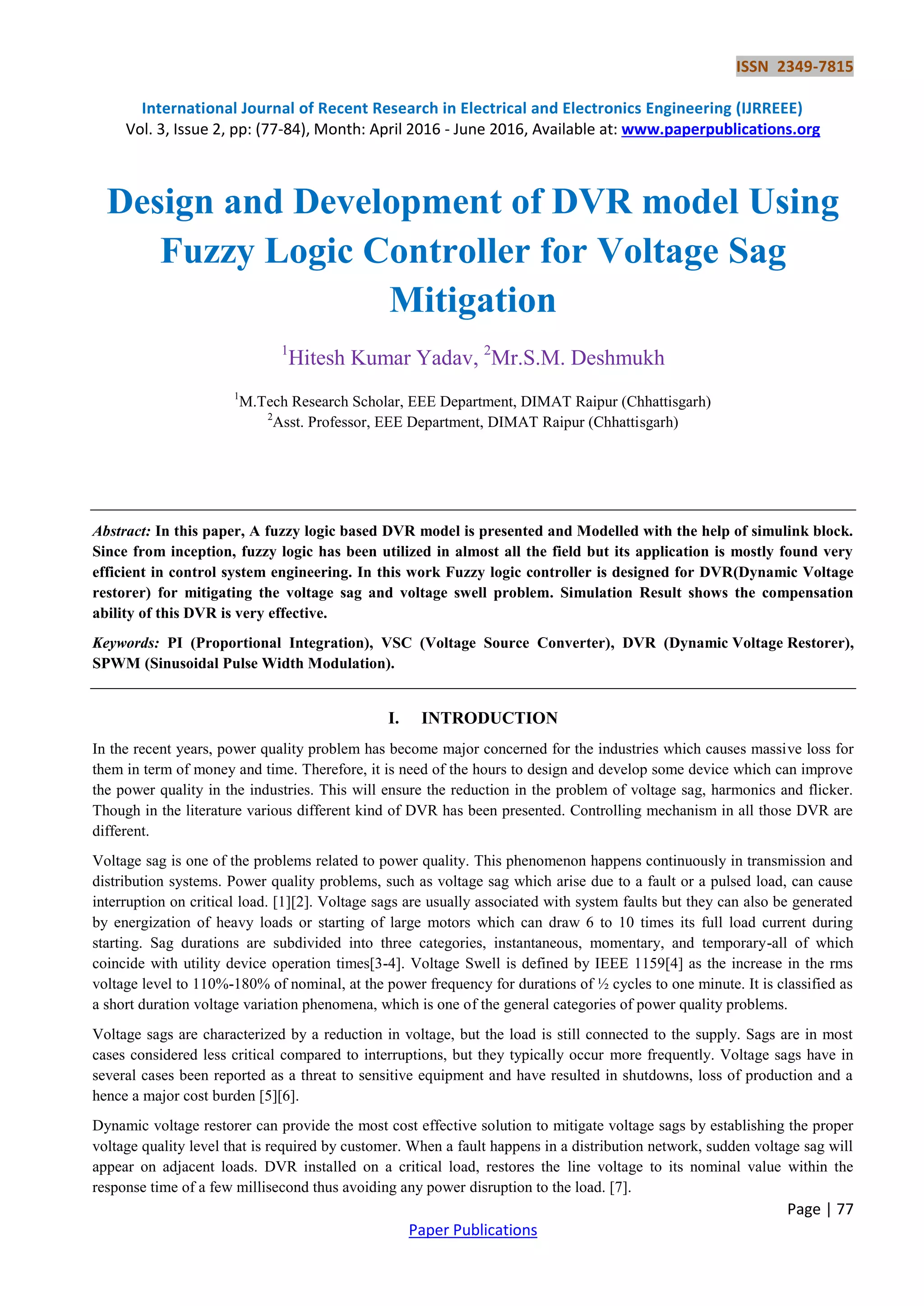 Design And Development Of Dvr Model Using Fuzzy Logic Controller For