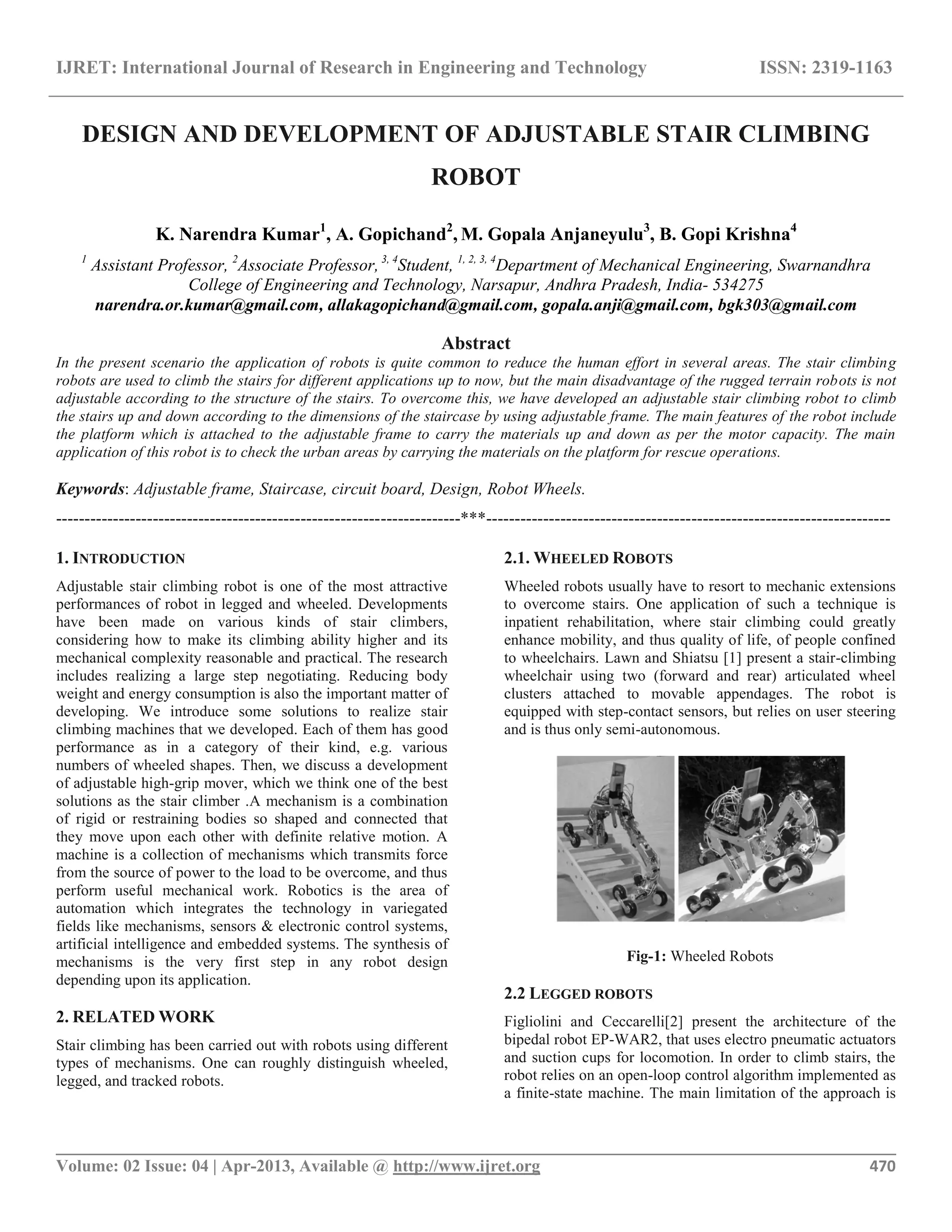 Design and development of adjustable stair climbing robot | PDF