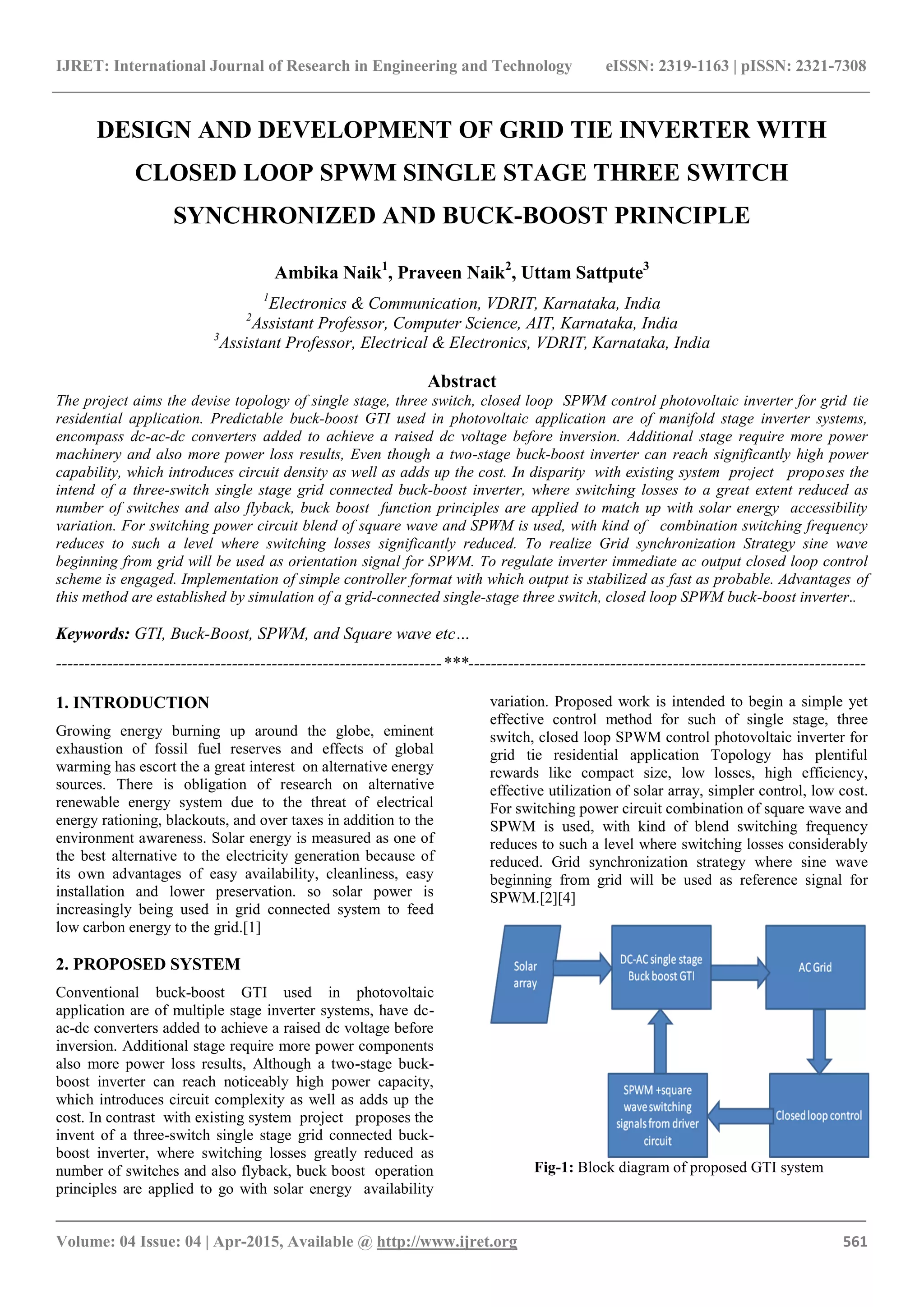 Design and development of grid tie inverter with closed loop spwm single stage three switch ...