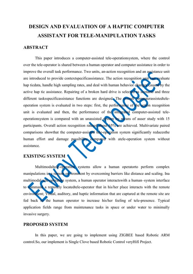 Design and evaluation of a haptic computer assistant for tele-manipulation tasks | PDF