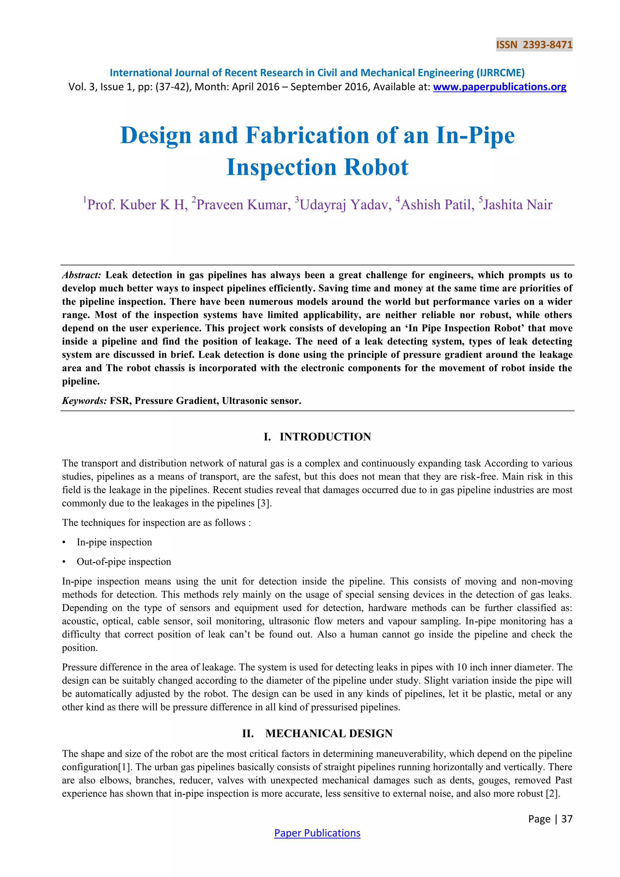 Design and Fabrication of an In-Pipe Inspection Robot | PDF