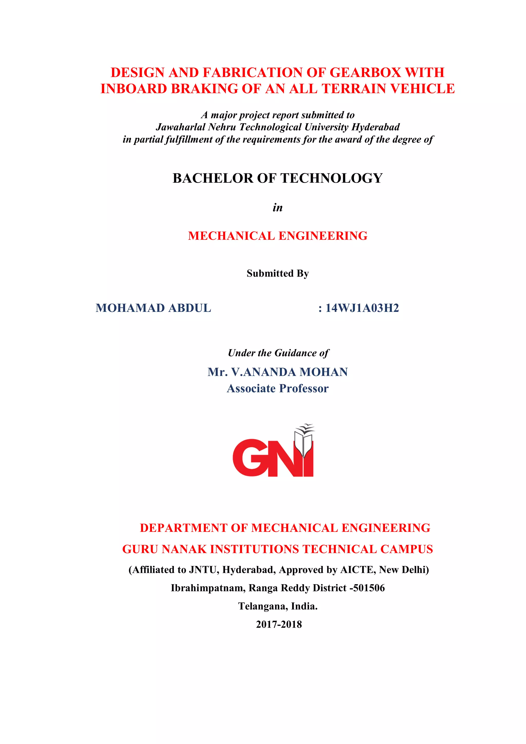 Design and fabrication of gearbox with inboard braking of an all ...