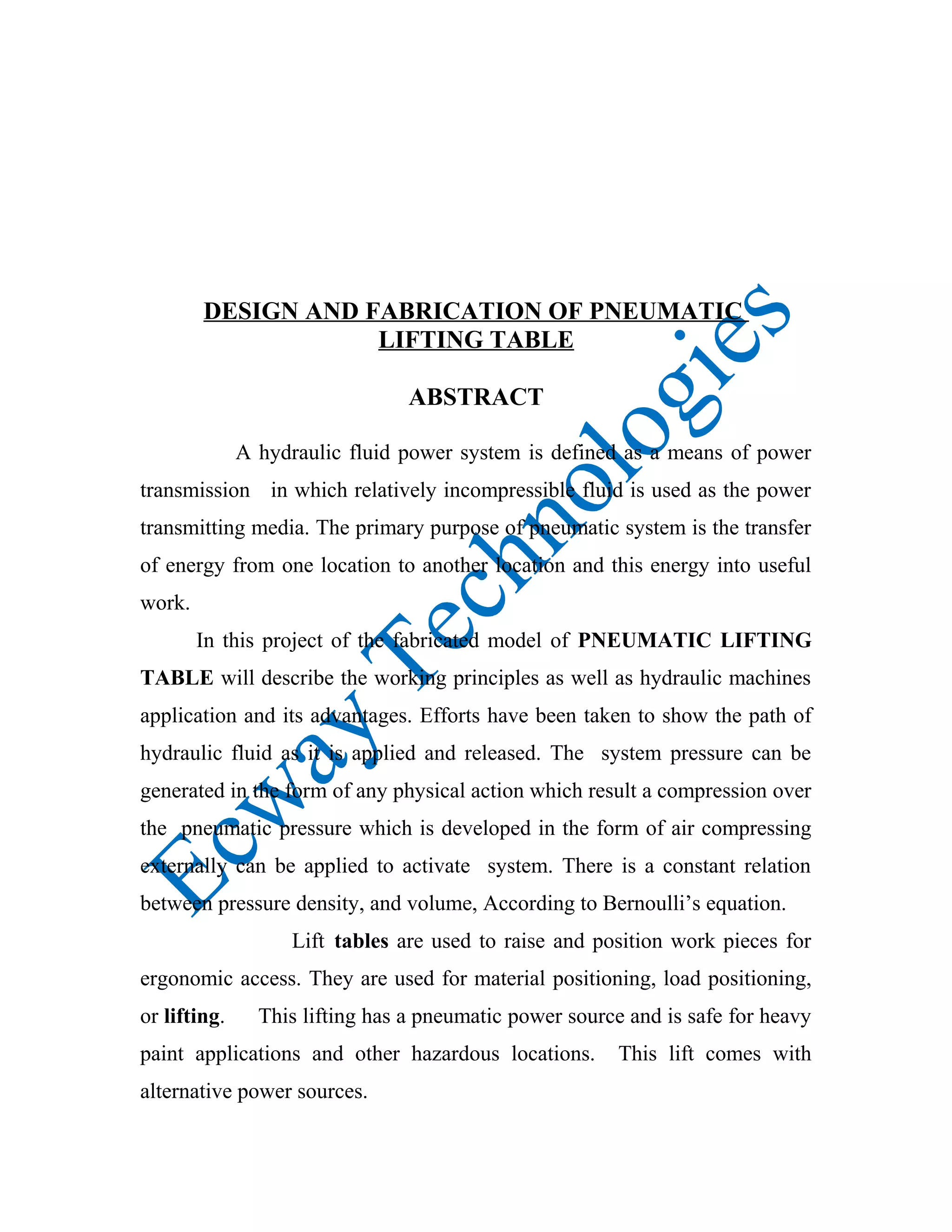 Design and fabrication of pneumatic lifting table | DOC