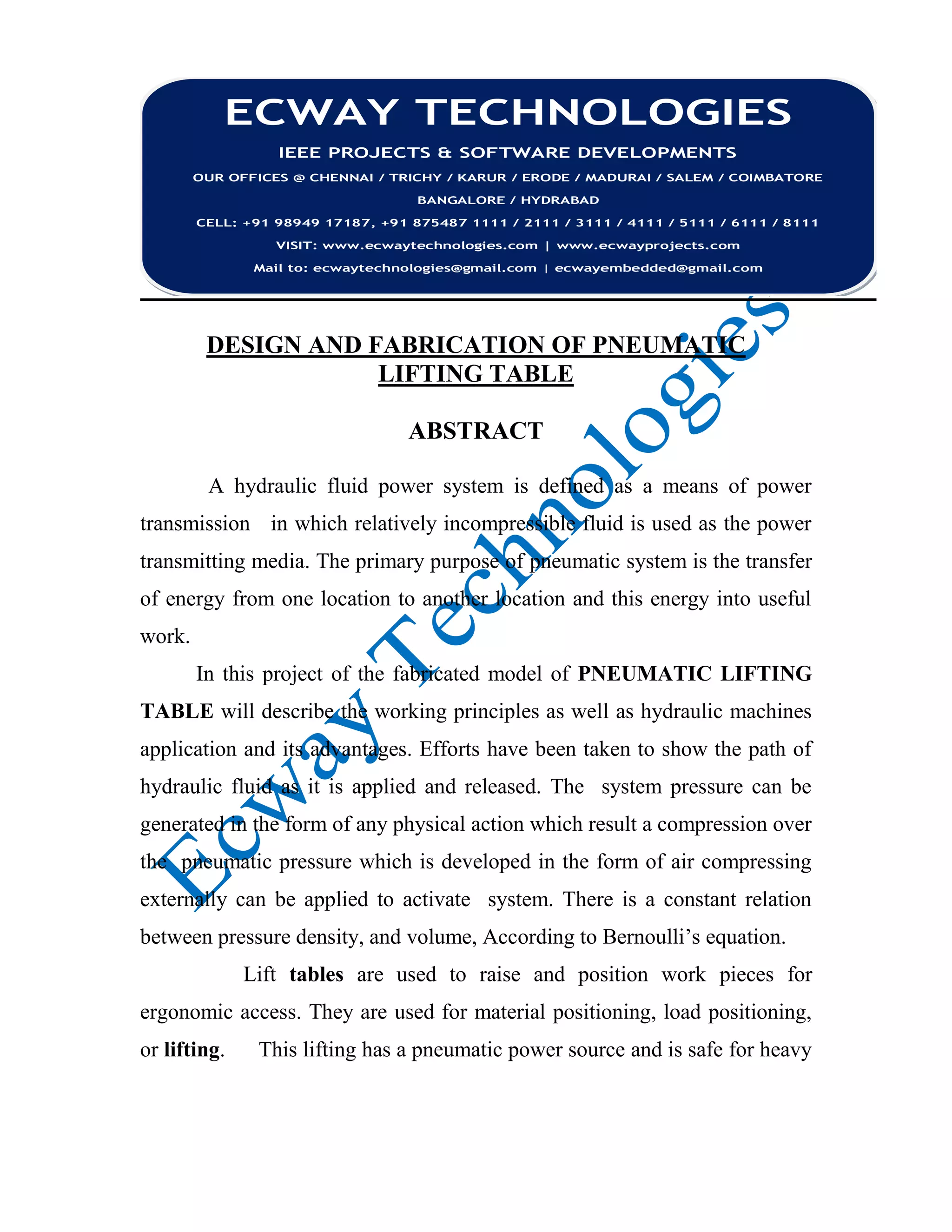 Design and fabrication of pneumatic lifting table | DOC