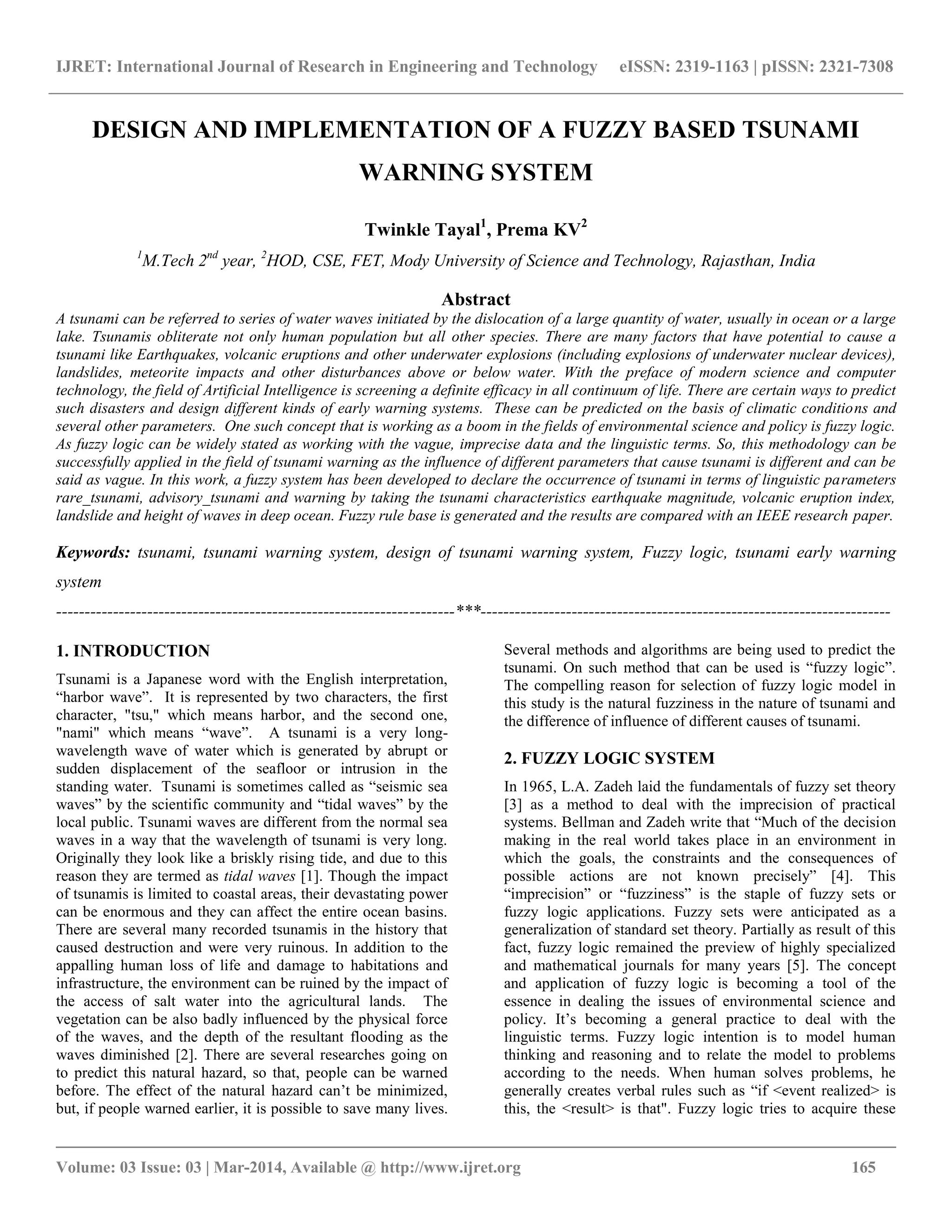 Design and implementation of a fuzzy based tsunami warning system | PDF