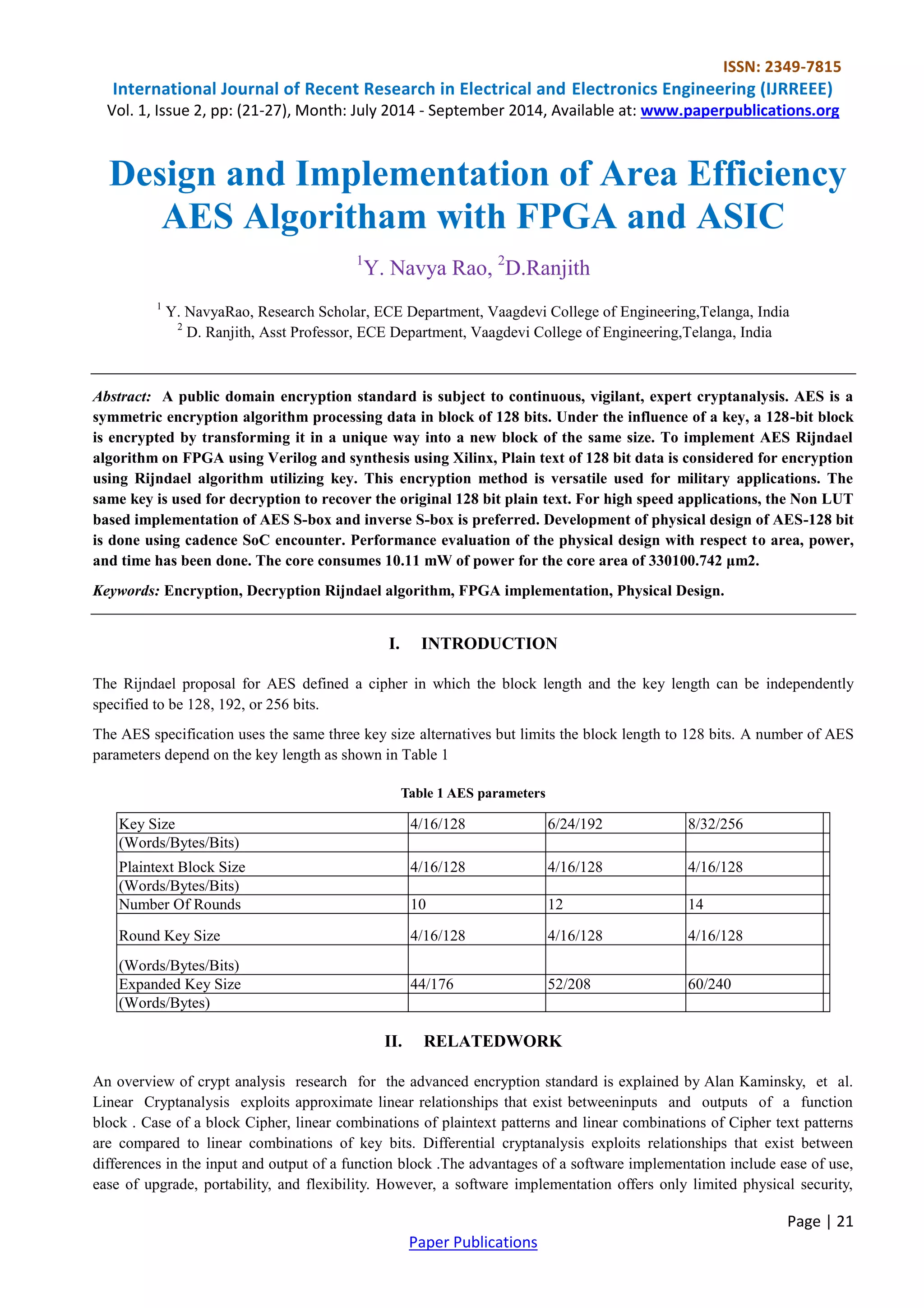 Design and Implementation of Area Efficiency AES Algoritham with FPGA and ASIC, | PDF ...