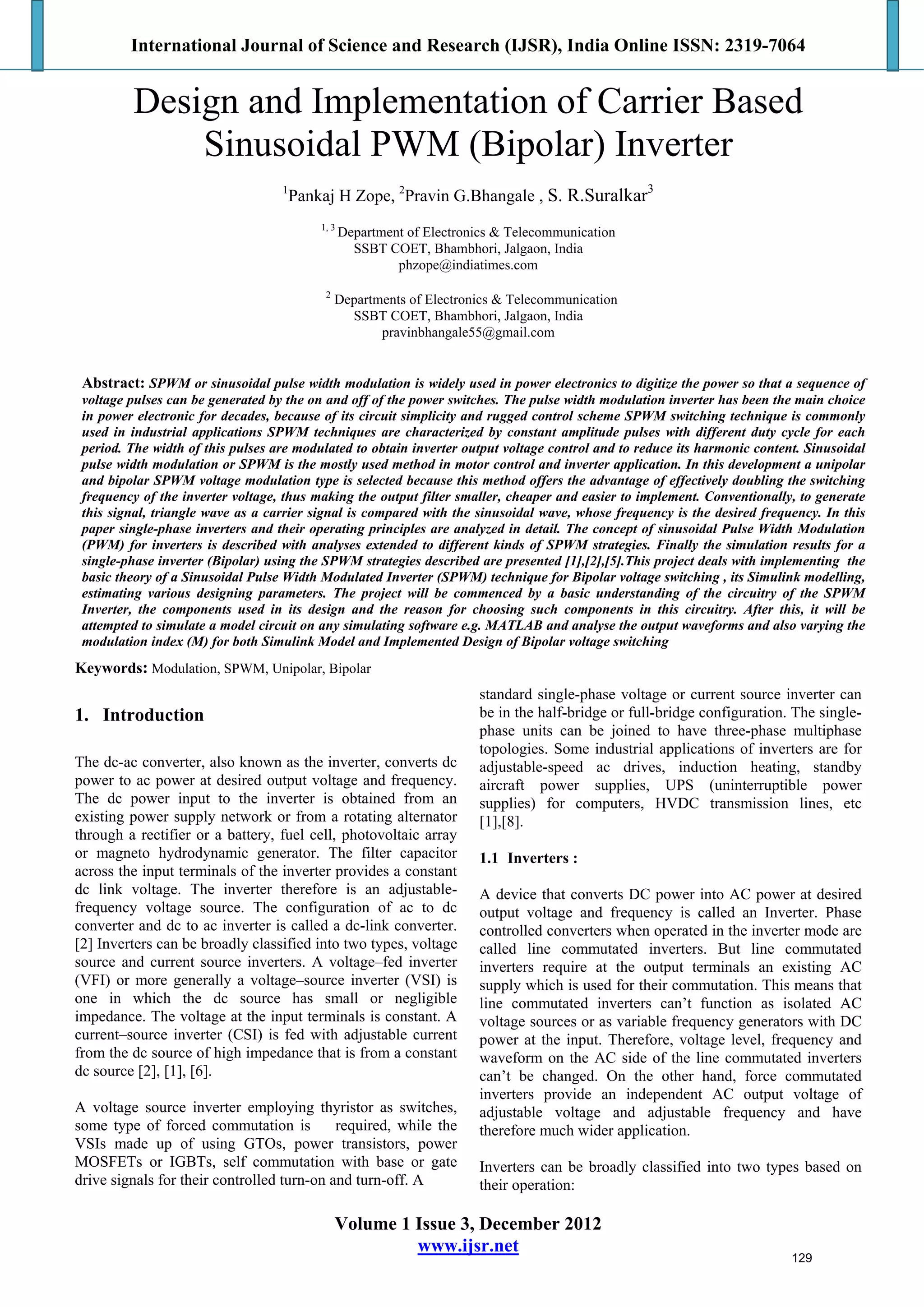 Design and implementation of carrier based sinusoidal pwm (bipolar) inverter | PDF