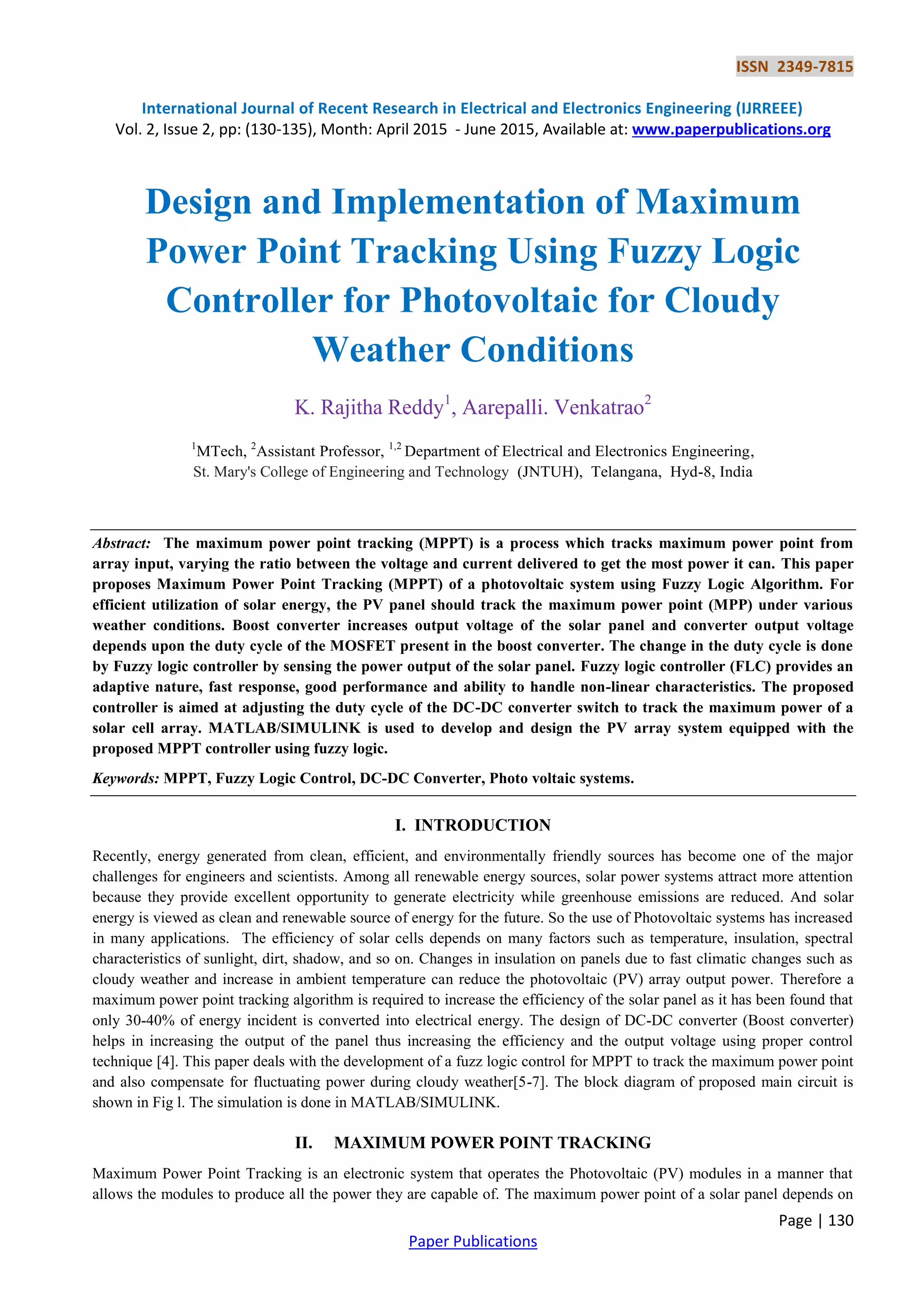Design And Implementation Of Maximum Power Point Tracking Using Fuzzy Logic Controller For