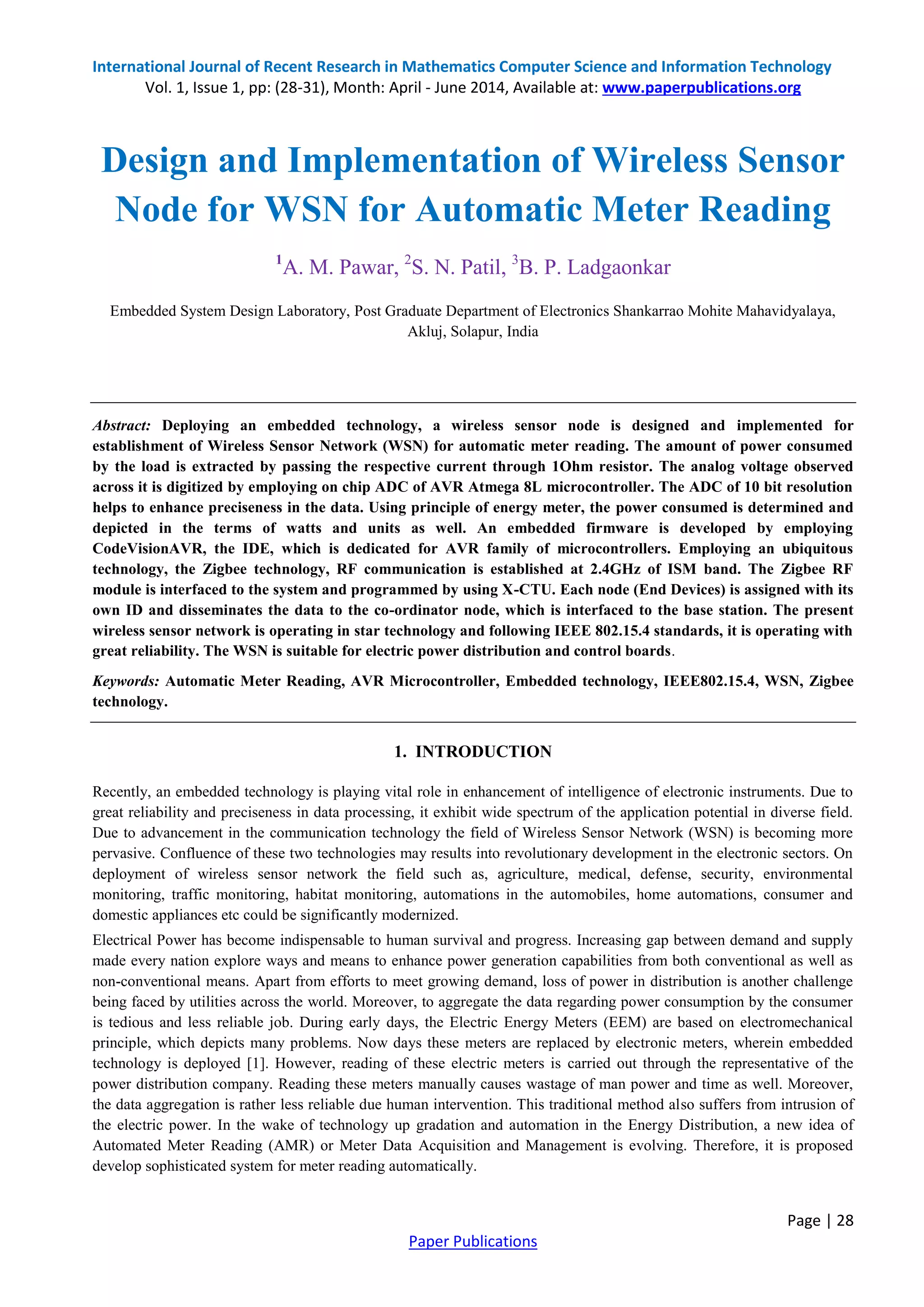 Design and Implementation of Wireless Sensor Node for WSN for Automatic Meter Reading | PDF ...