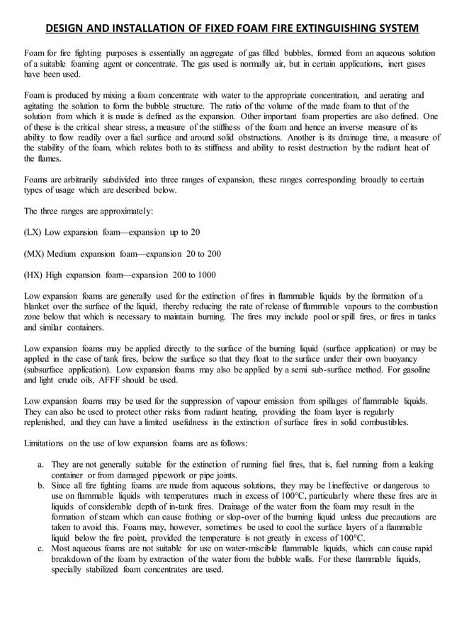 Design and installation of fixed foam fire extinguishing system | DOCX ...