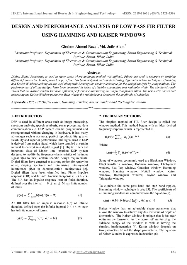 Design and performance analysis of low pass fir filter using hamming ...