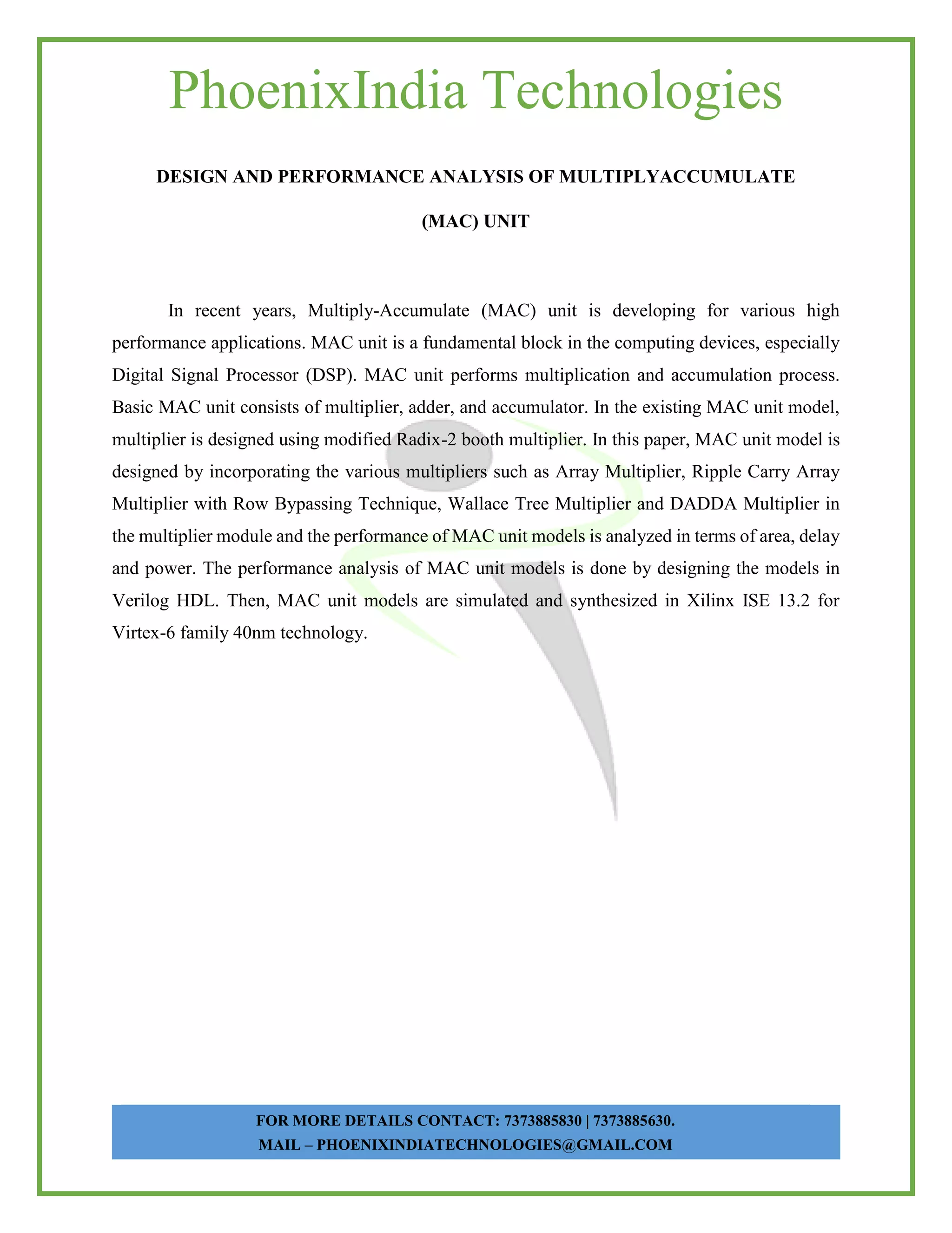 Design and performance analysis of multiplyaccumulate (mac) unit | PDF