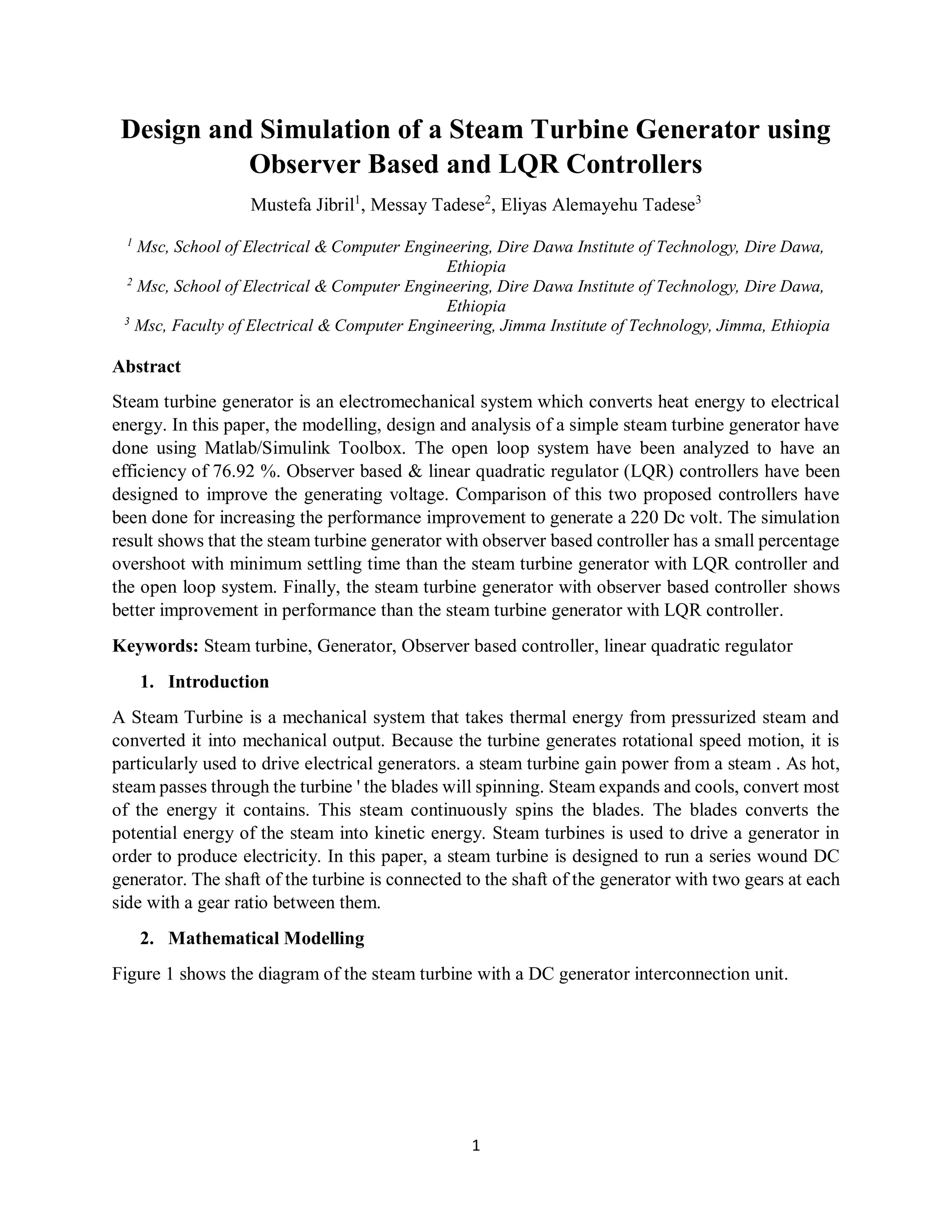 Design And Simulation Of A Steam Turbine Generator Using Observer Based