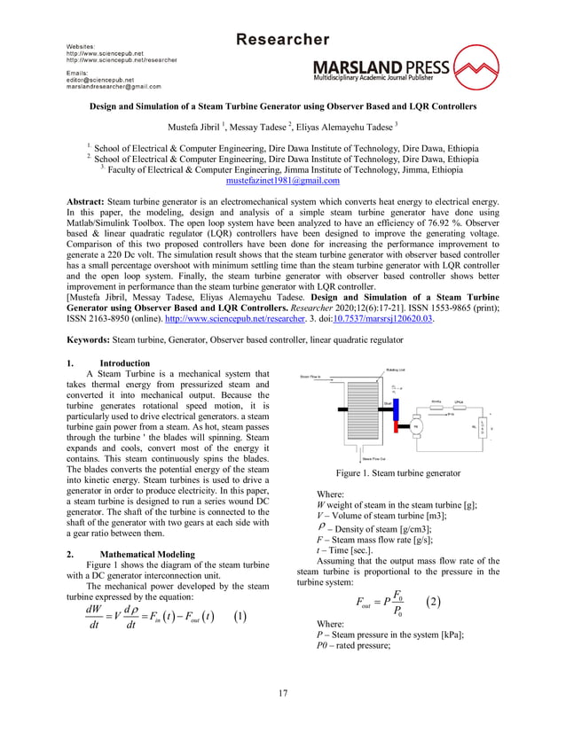 Design And Simulation Of A Steam Turbine Generator Using Observer Based And Lqr Controllers Pdf