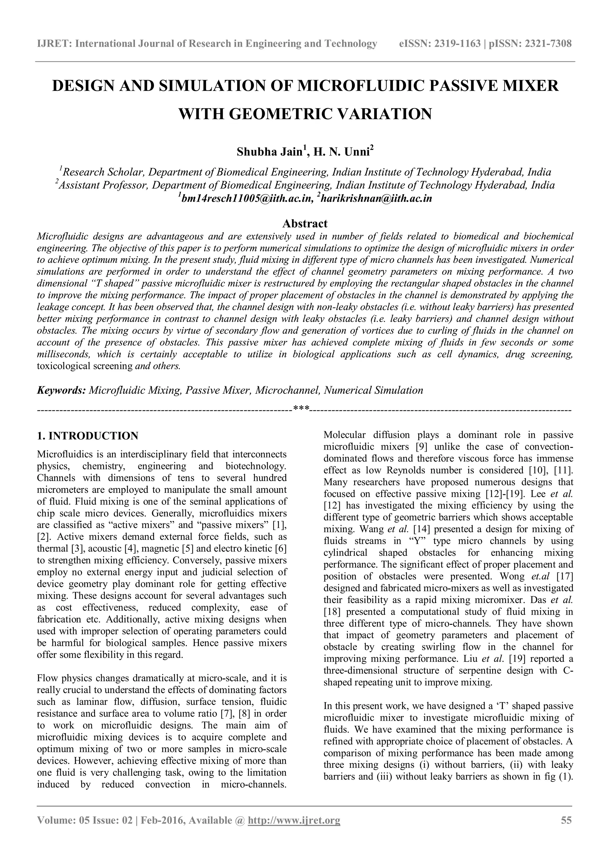Design and simulation of microfluidic passive mixer with geometric variation | PDF