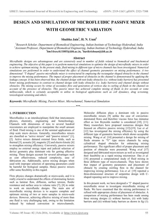 Design and simulation of microfluidic passive mixer with geometric variation | PDF