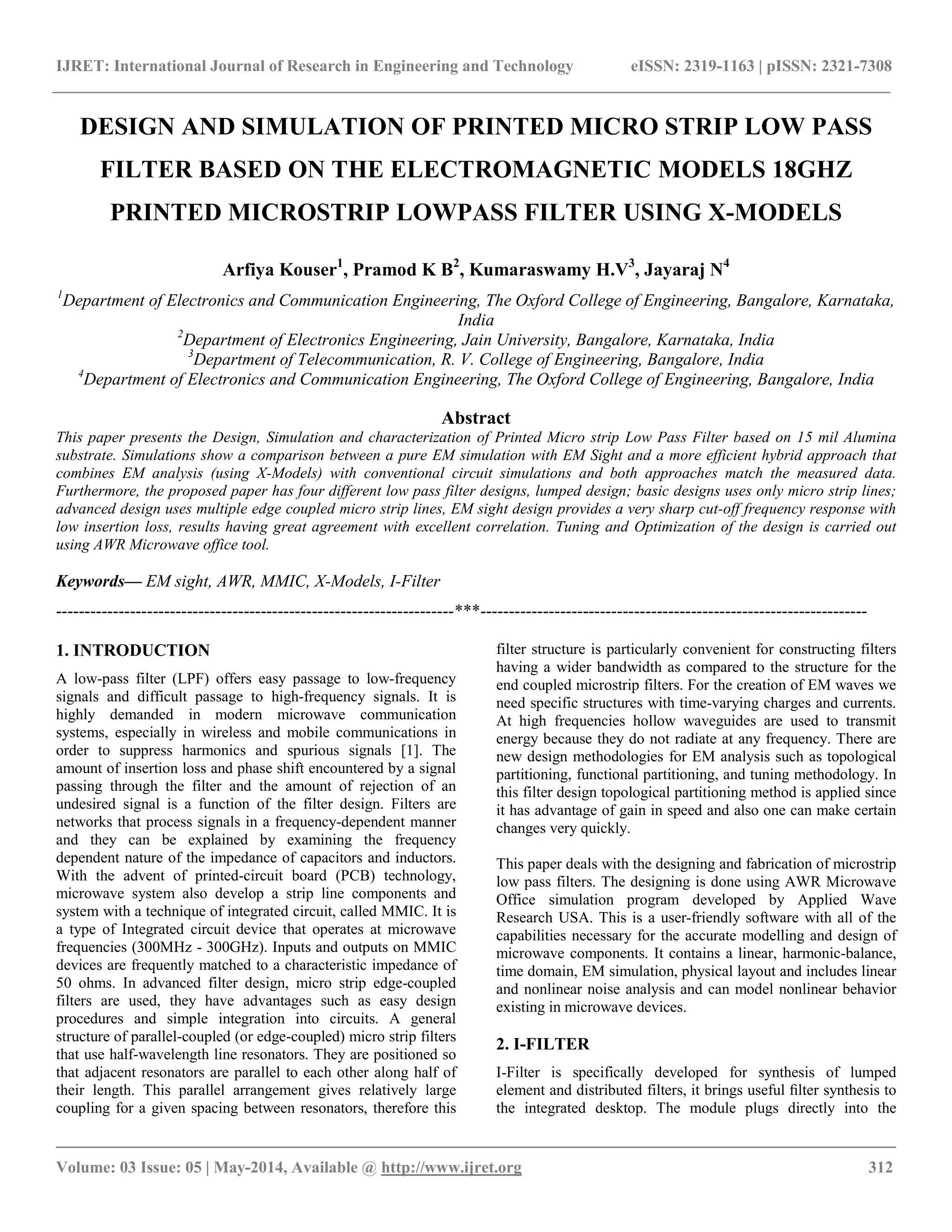 Design And Simulation Of Printed Micro Strip Low Pass Filter Based On