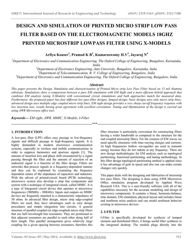 Design and simulation of printed micro strip low pass filter based on the electromagnetic models ...