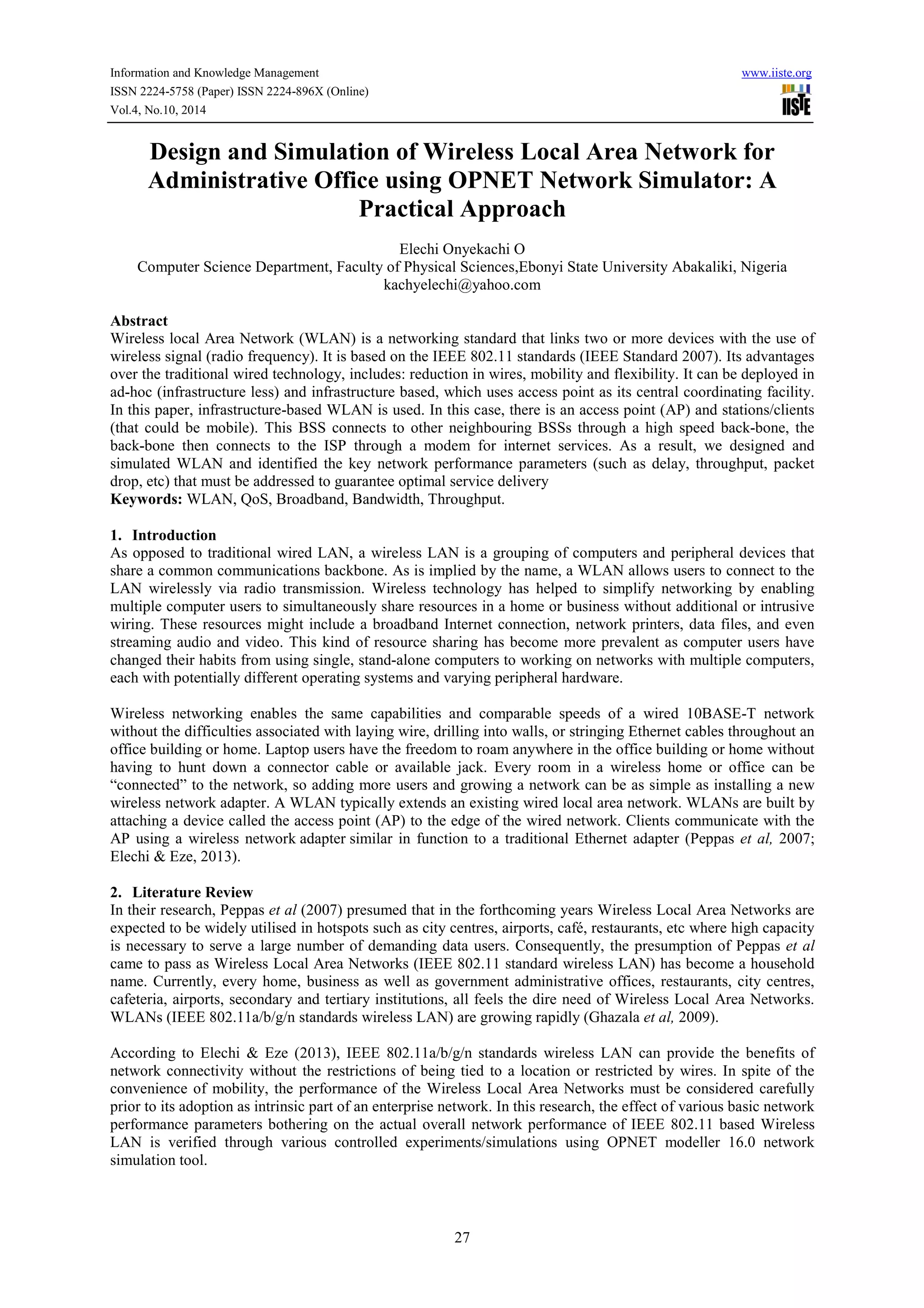 Design And Simulation Of Wireless Local Area Network For Administrative Office Using Opnet