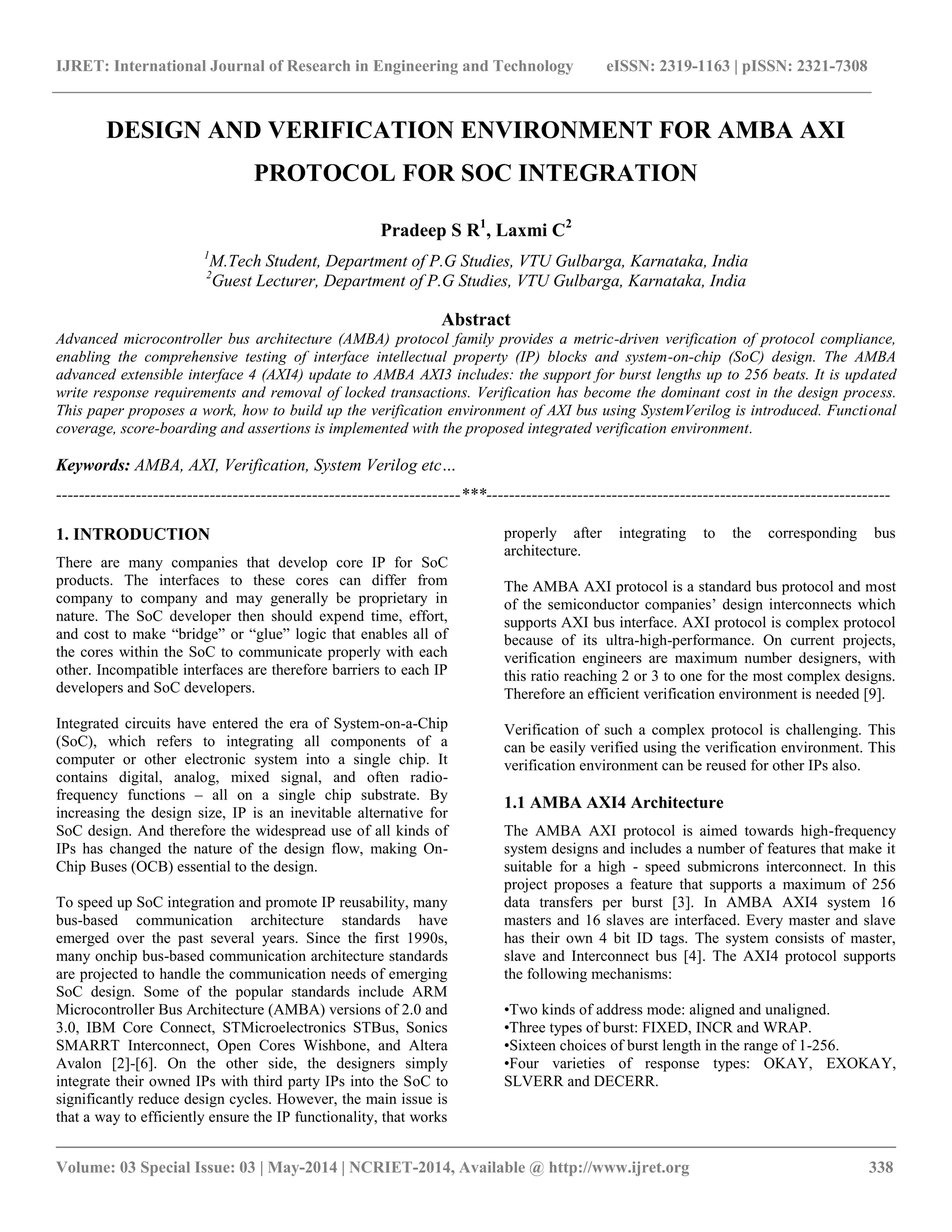 Design And Verification Environment For Amba Axi Protocol For Soc Integration Pdf Free Download