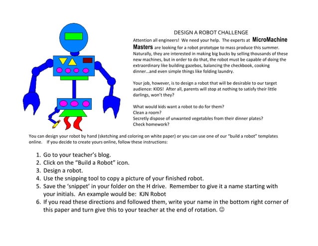 Design A Robot Instructions | DOCX | Robotics | Technology & Computing