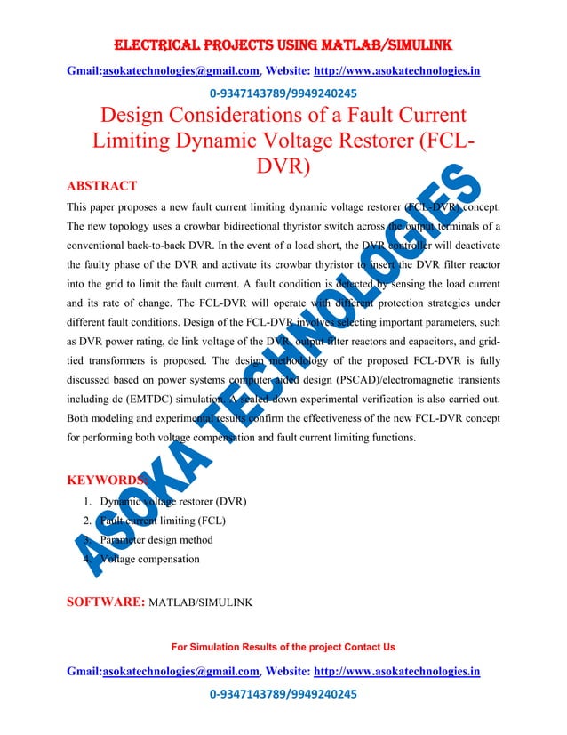 Design Considerations of a Fault Current Limiting Dynamic Voltage Restorer (FCL-DVR) | PDF