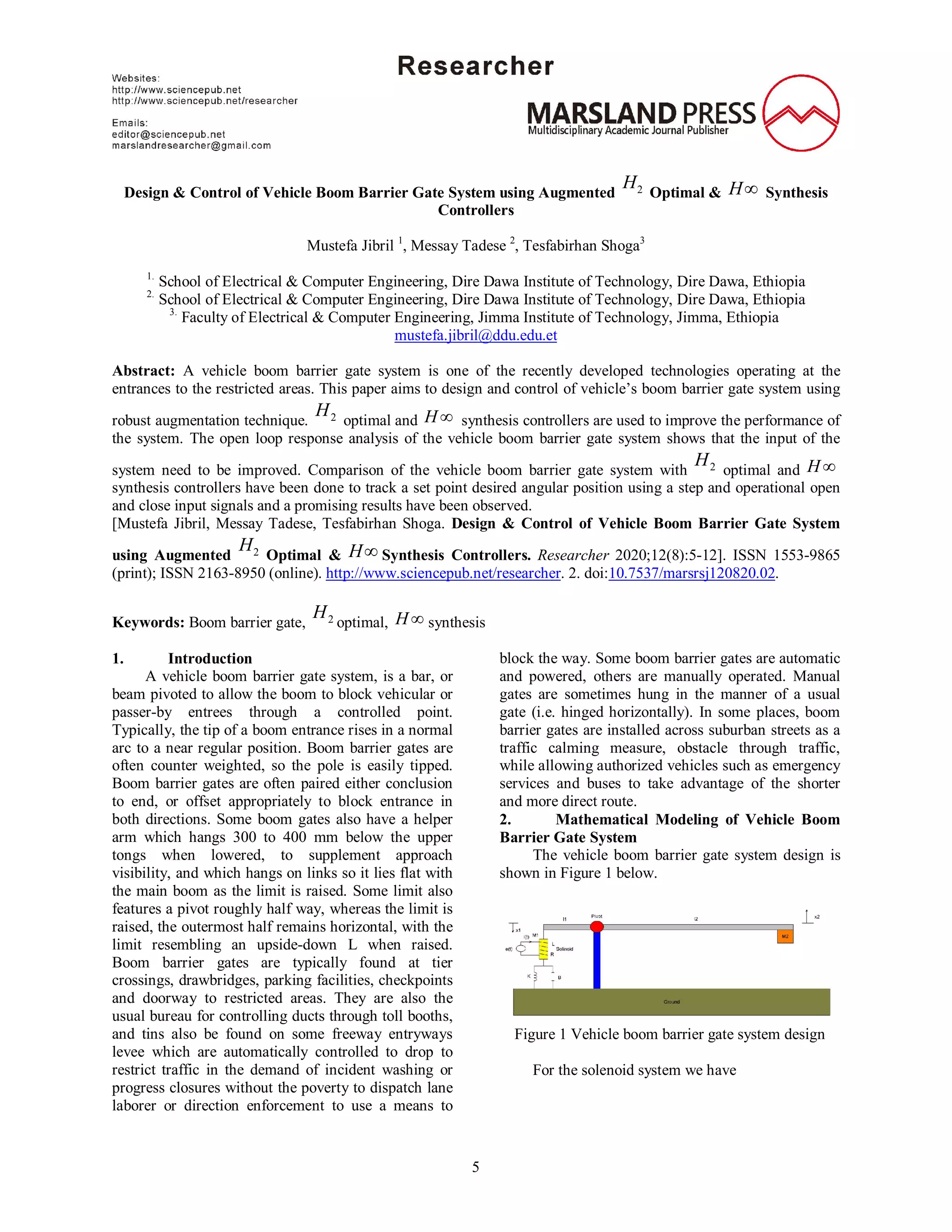 Design & control of vehicle boom barrier gate system using augmented h 2 optimal & h infinity ...