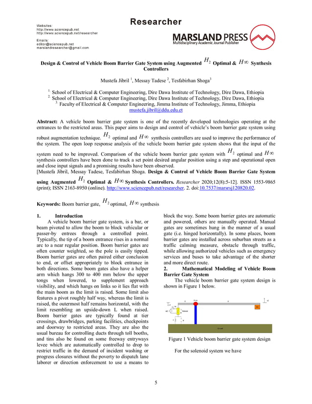 Design & control of vehicle boom barrier gate system using augmented h 2 optimal & h infinity ...