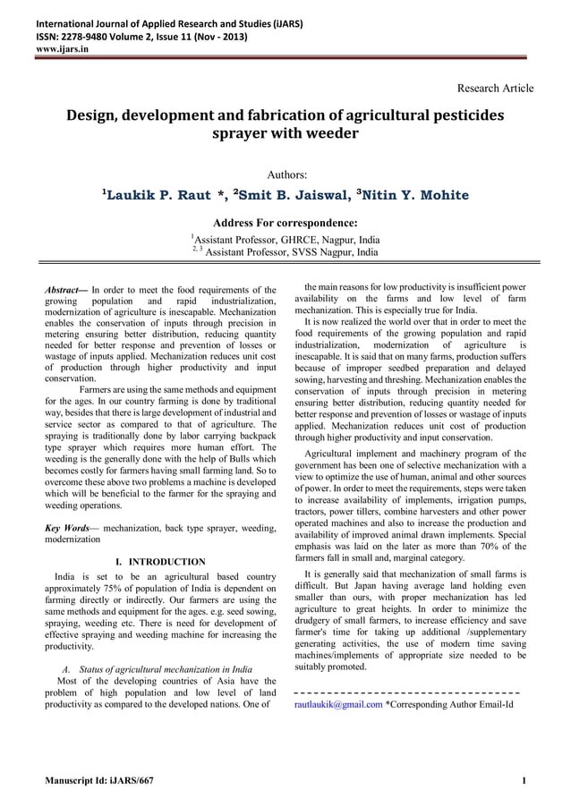 Design, development and fabrication of agricultural pesticides sprayer ...