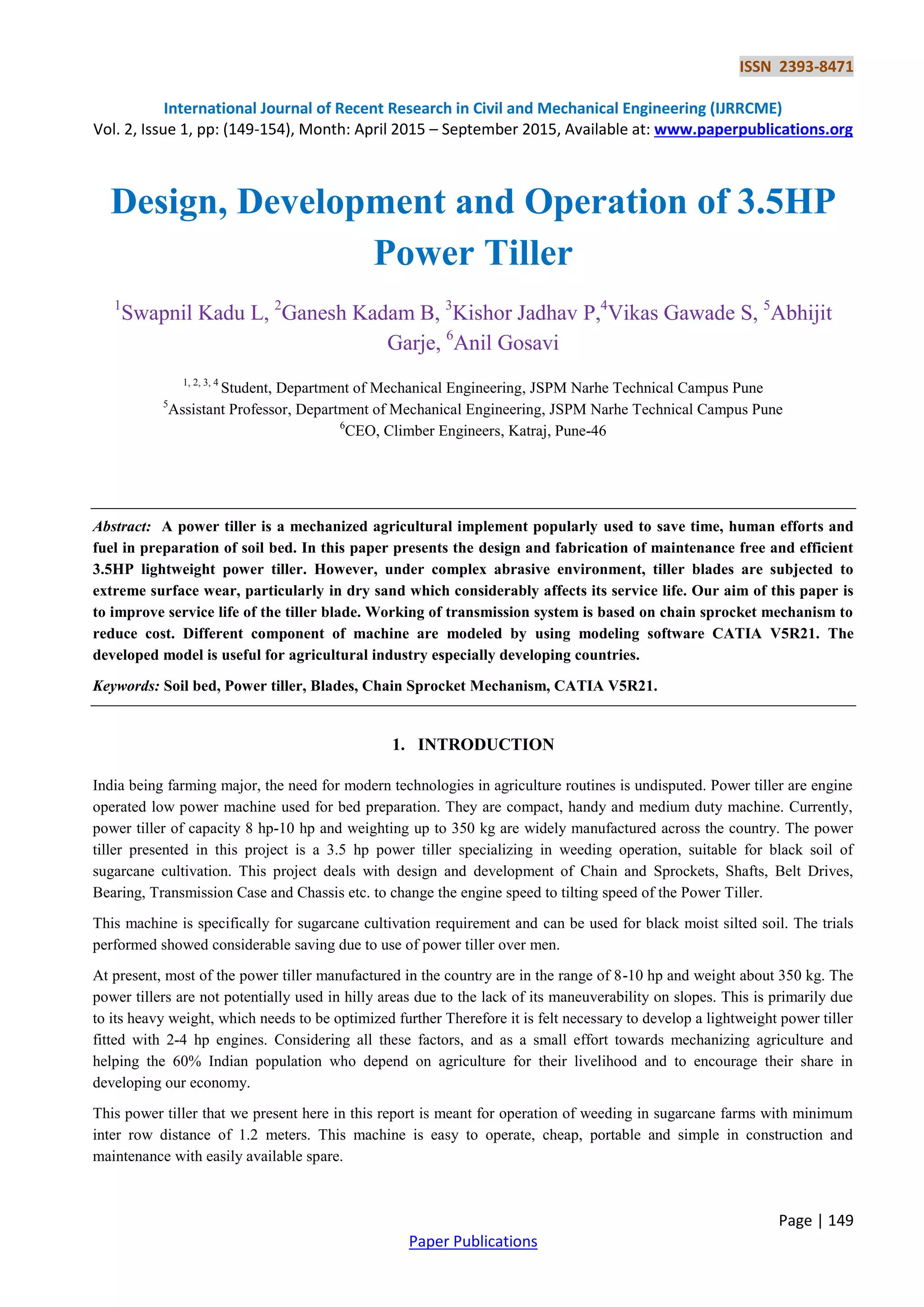 Design, Development and Operation of 3.5HP Power Tiller | PDF
