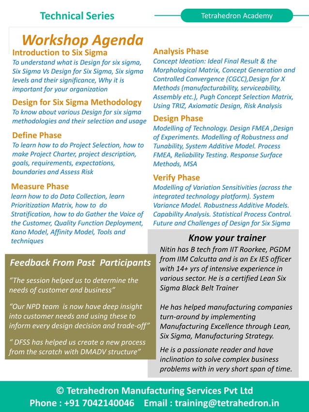 Design for Six Sigma (DFSS) Workshop by Tetrahedron | PDF