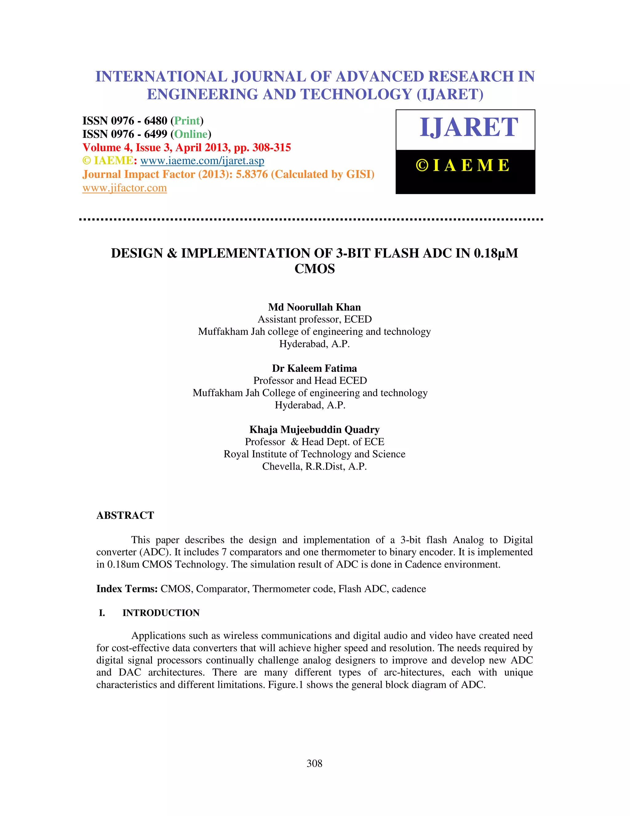 Design And Implementation Of 3 Bit Flash Adc In 018µm Cmos Pdf
