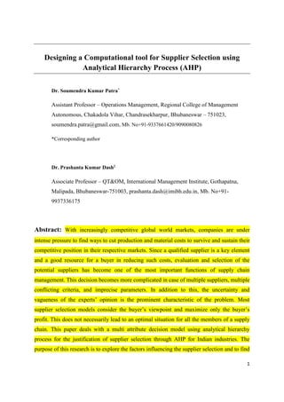 Designing a Computational tool for Supplier Selection using Analytical Hierarchy Process .doc