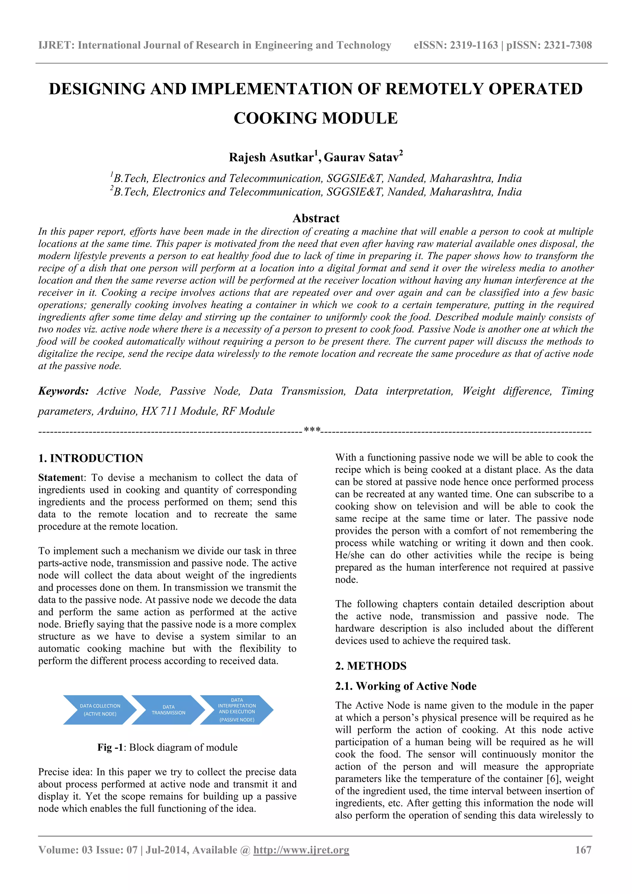 Designing and implementation of remotely operated cooking module | PDF ...