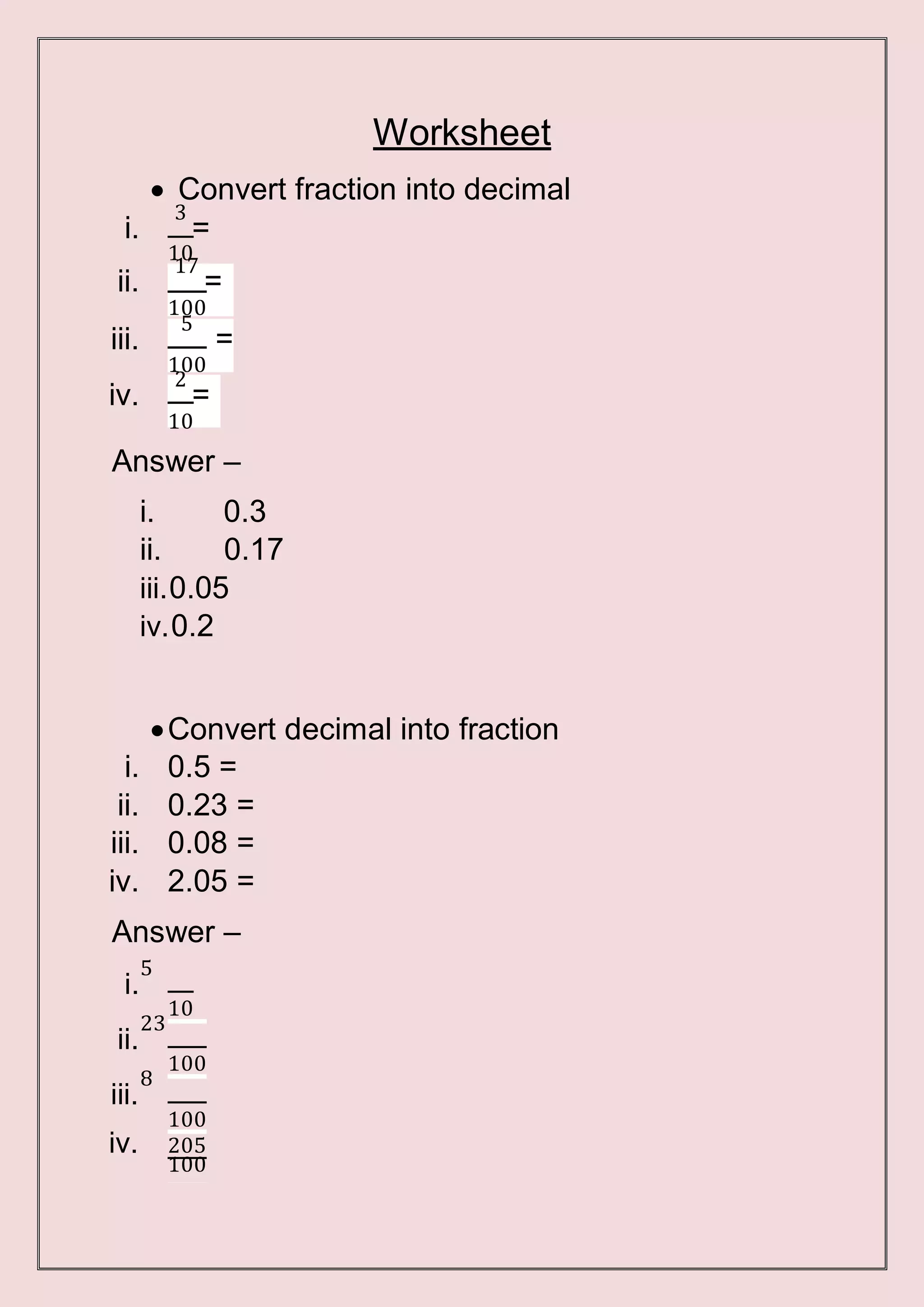 Designing art based math activities convert decimal into fraction and ...