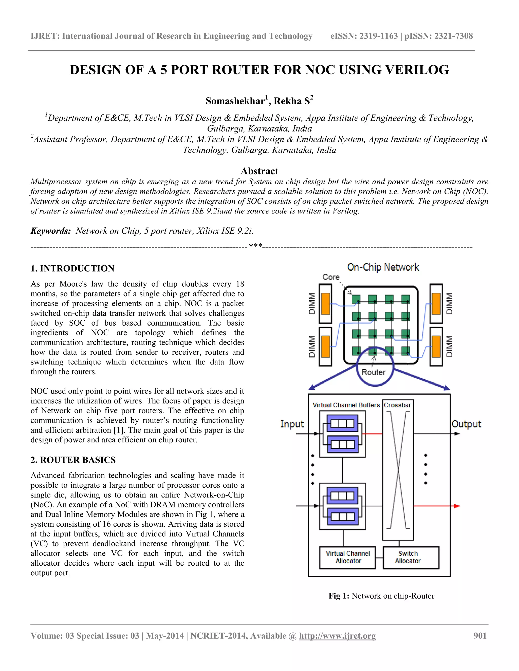 Design of a 5 port router for noc using verilog | PDF