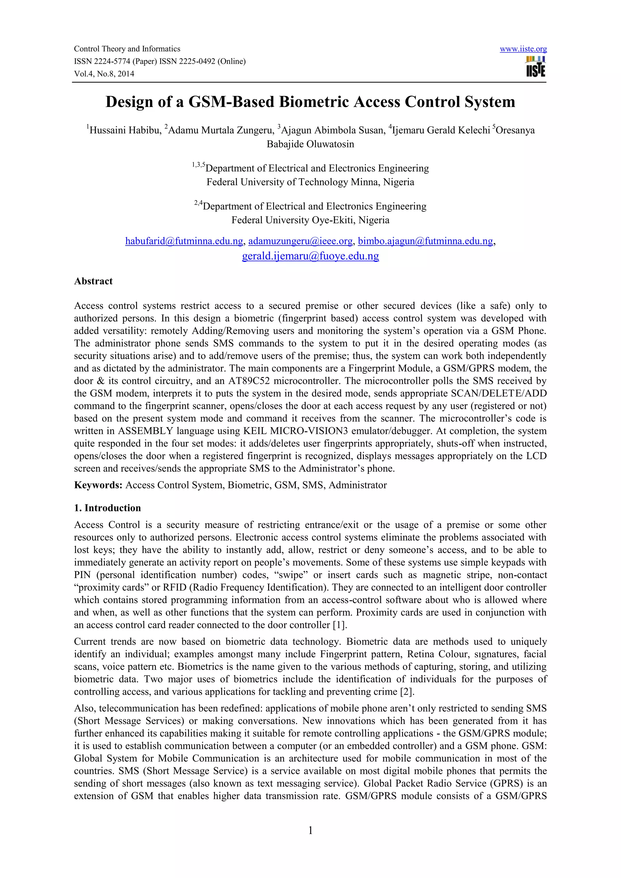 Design of a gsm based biometric access control system | PDF